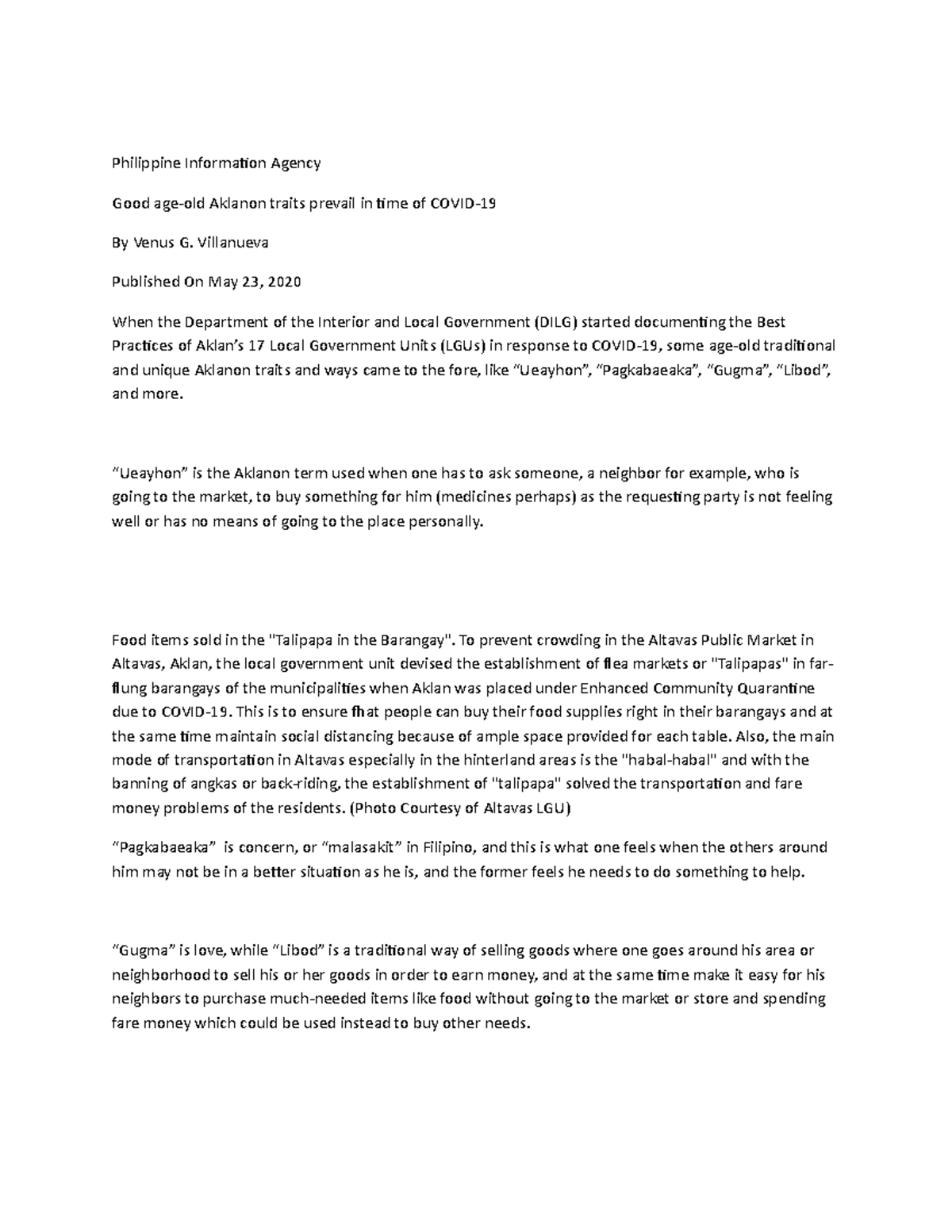 Aklanon Article - Lecture notes 1 - Philippine Information Agency Good ...