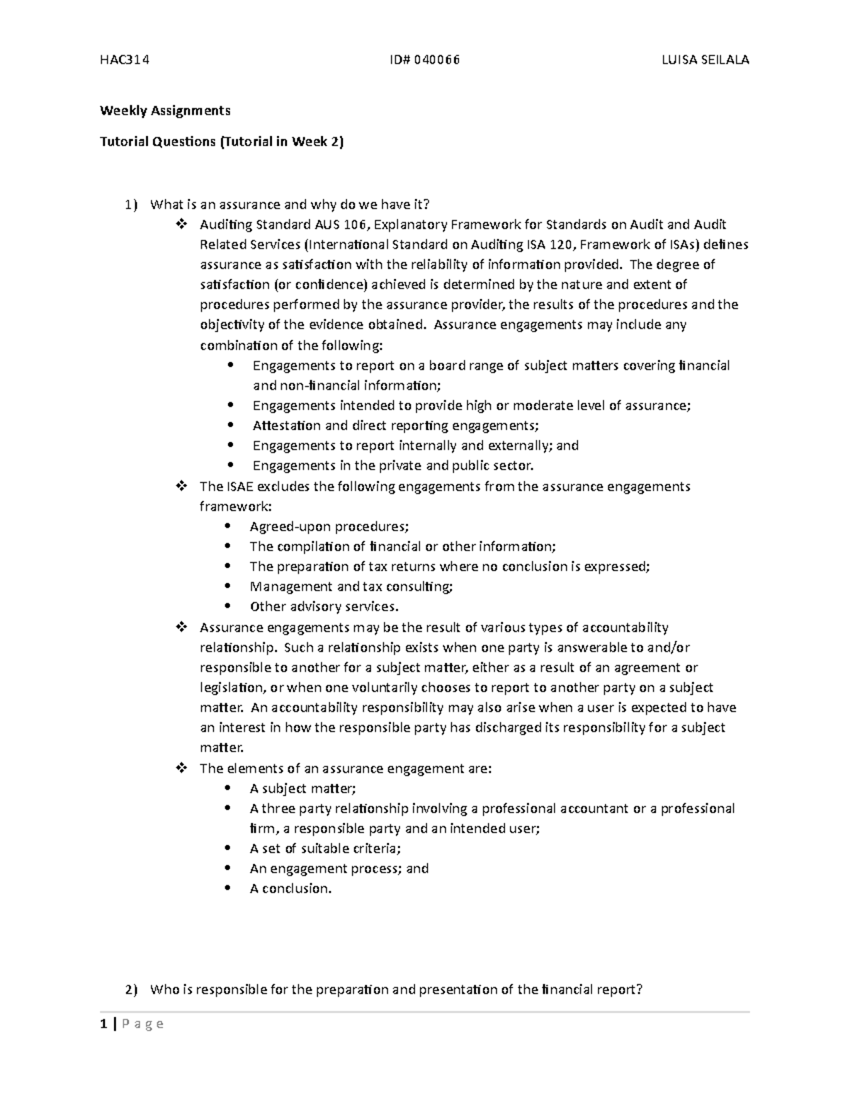 Tutorial 1 - Weekly Assignments Tutorial Questions (Tutorial in Week 2 ...