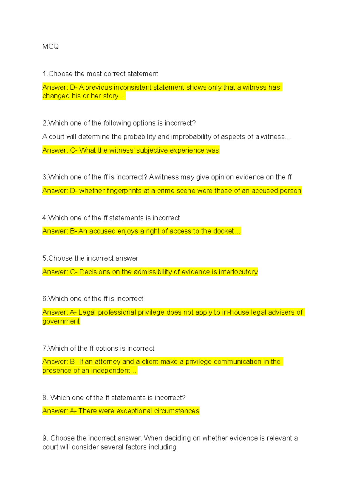 Evidence Notes - exam questions and answer - MCQ 1 the most correct ...
