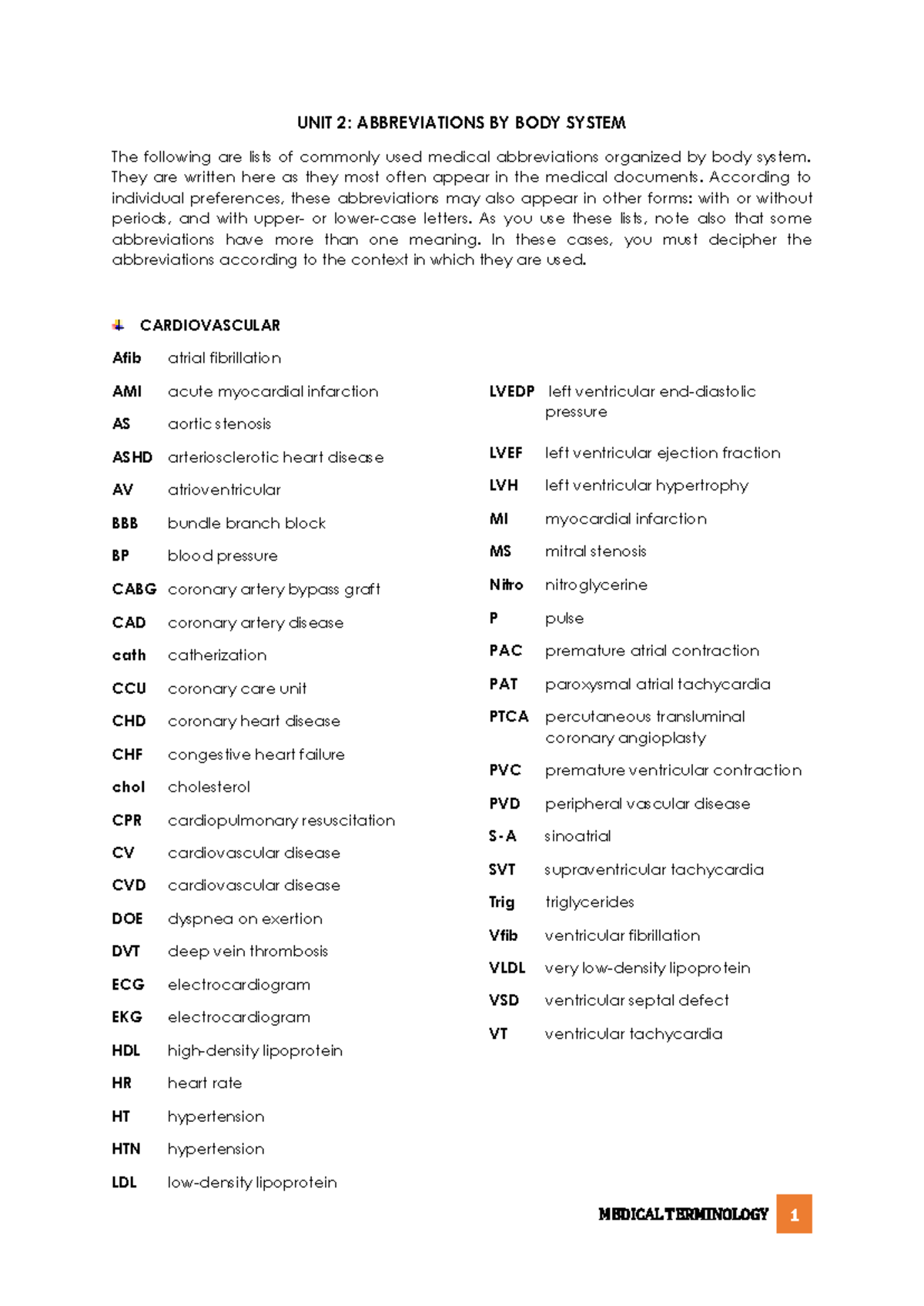 Abbreviations by Body System - UNIT 2: ABBREVIATIONS BY BODY SYSTEM The ...