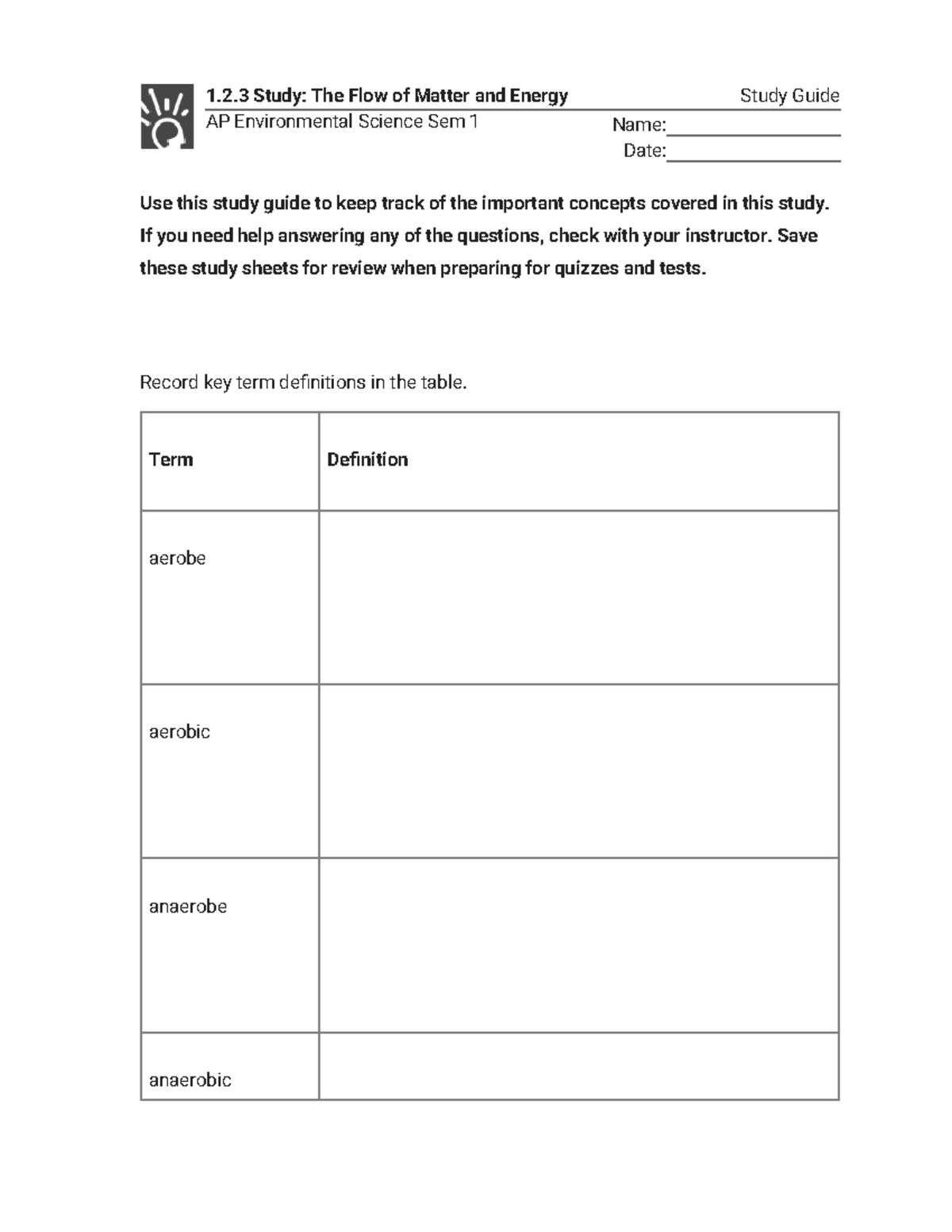 Answer 1.2.3 Study- The Flow of Matter and Energy - 1.2 Study: The Flow ...