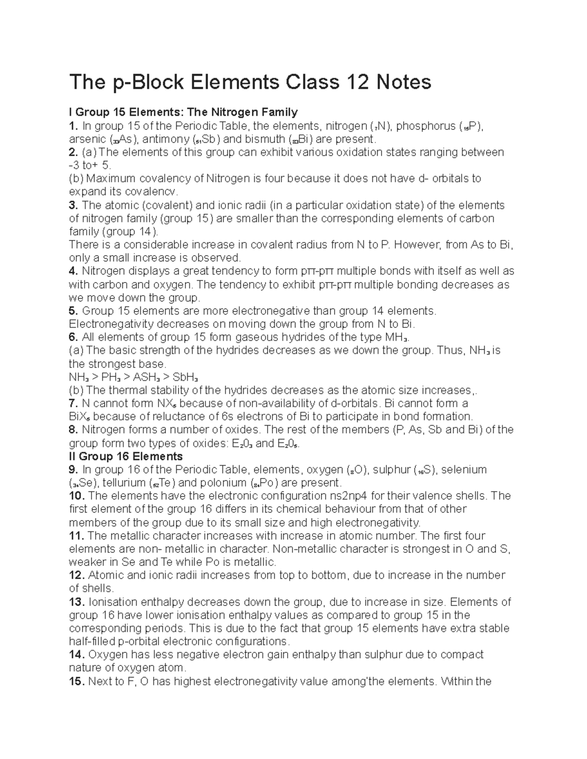 P Block Elements Class 12 Notes - (a) The elements of this group can ...