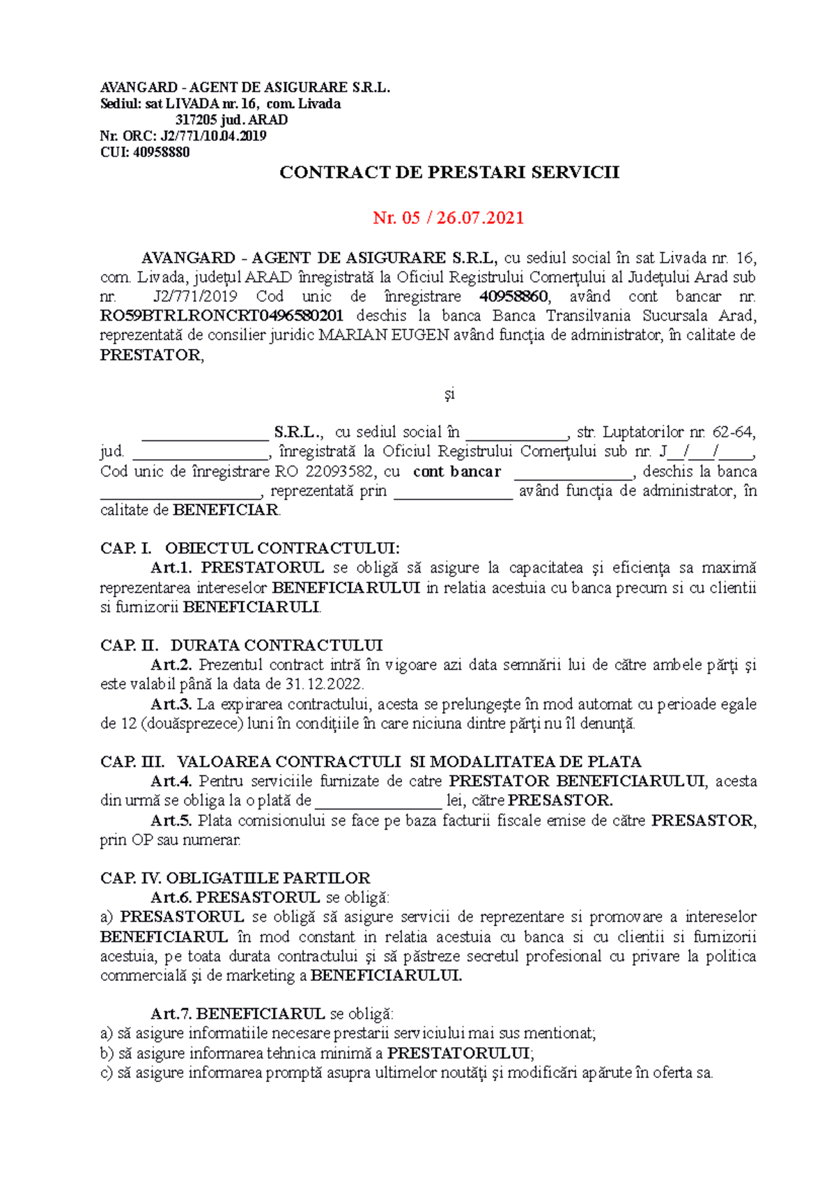 Contract de comision GCL - AVANGARD - AGENT DE ASIGURARE S.R. Sediul ...
