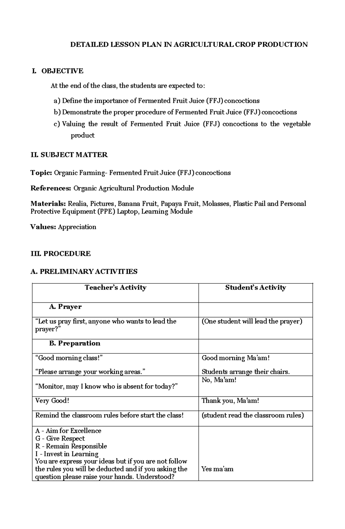101 A Detailed Lesson PLAN IN Agricultural CROP Produc - DETAILED ...