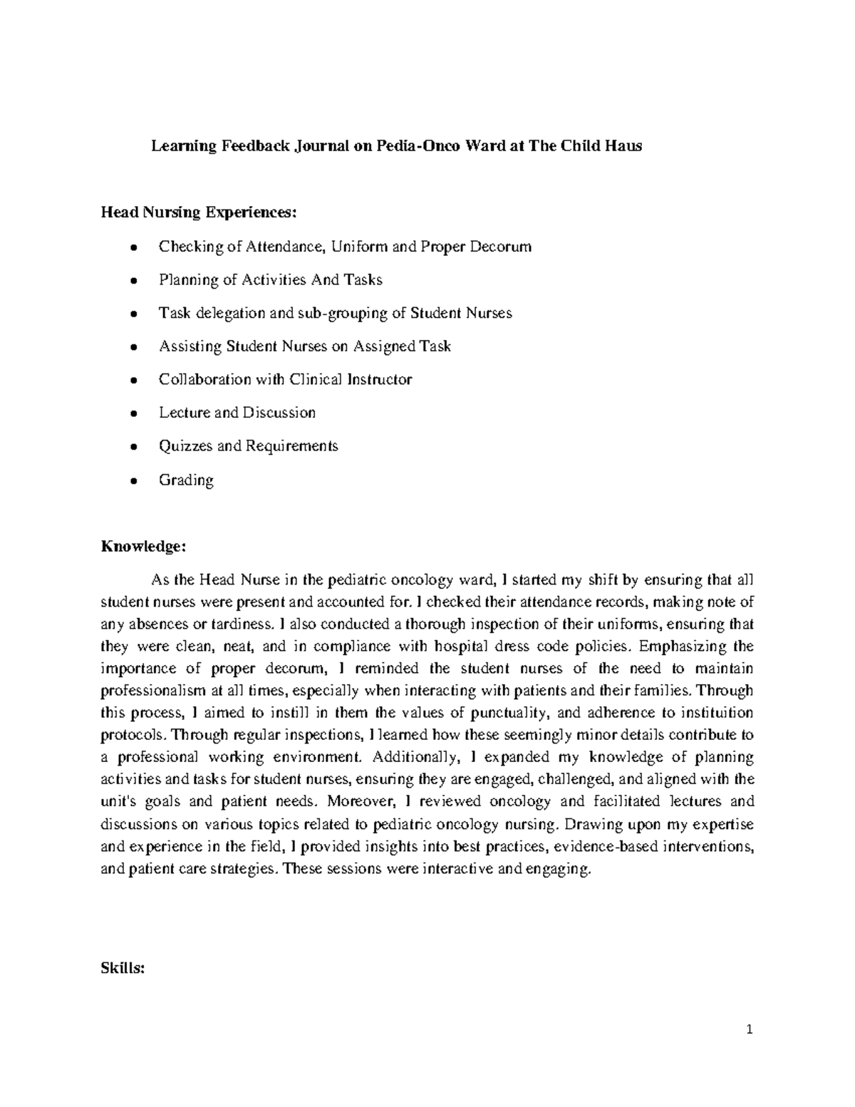 LEARNING FEEDBACK JOURNAL IN NURSING - 1 Learning Feedback Journal on ...