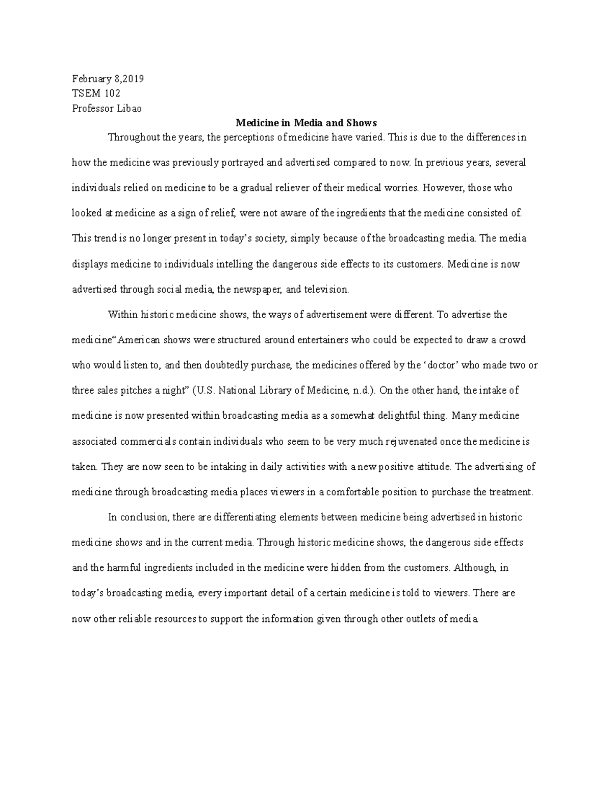 Medicine in Media and Shows - February 8, TSEM 102 Professor Libao ...