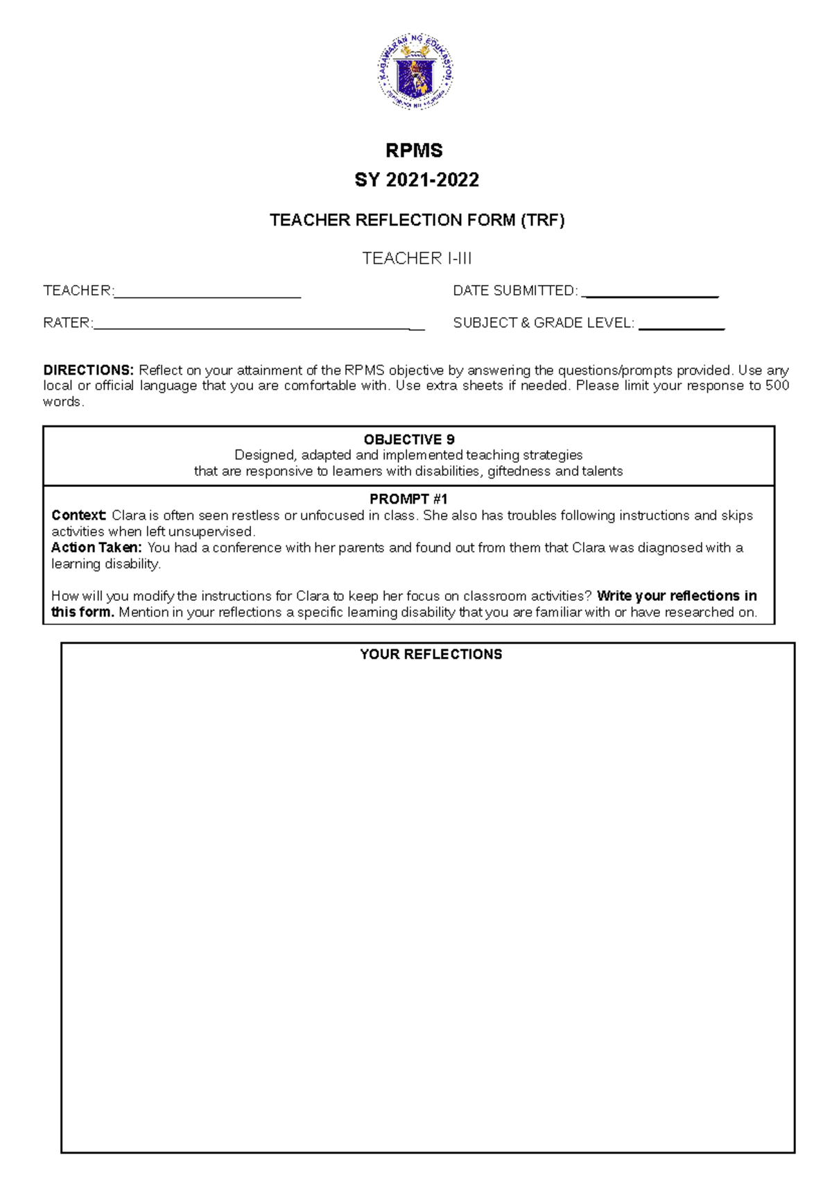 TRF for T I III for RPMS SY 2021 2022 - RPMS SY 2021- TEACHER ...