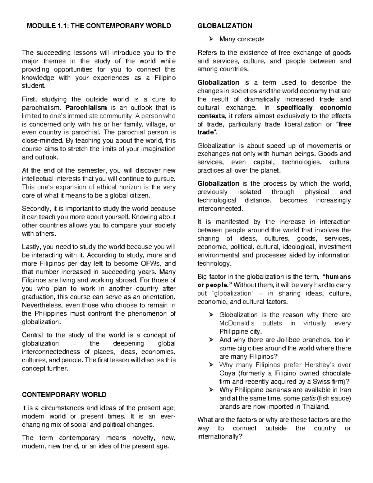 Module 1 - The Contemporary World - MODULE 1: THE CONTEMPORARY WORLD ...