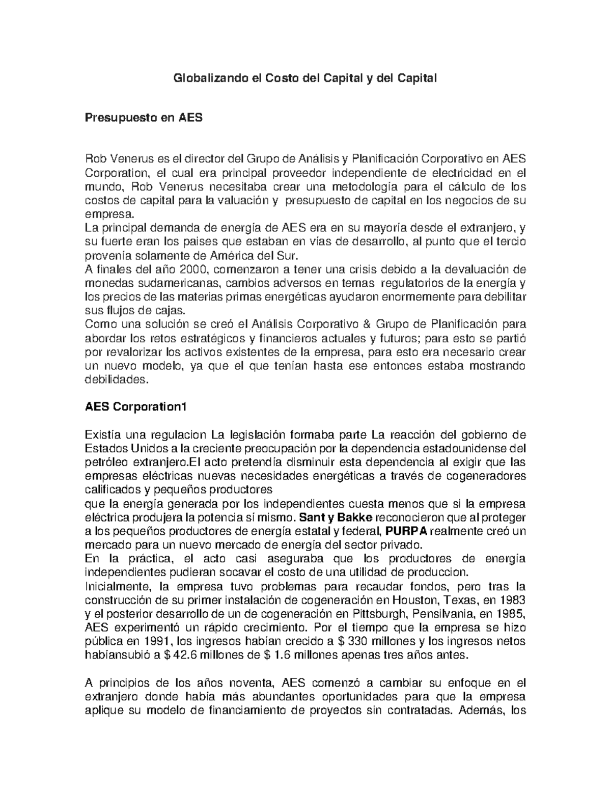 Aes - Caso practico - Globalizando el Costo del Capital y del Capital ...
