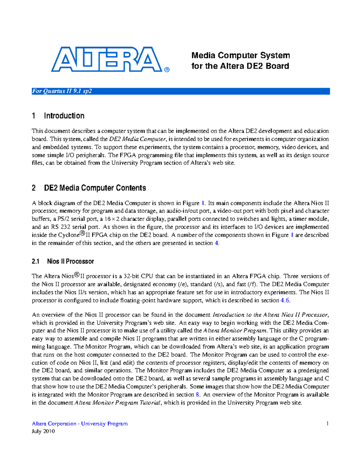 Manual Altera Nios 2 Nios II. Para Práctica 4, - Media Computer System ...