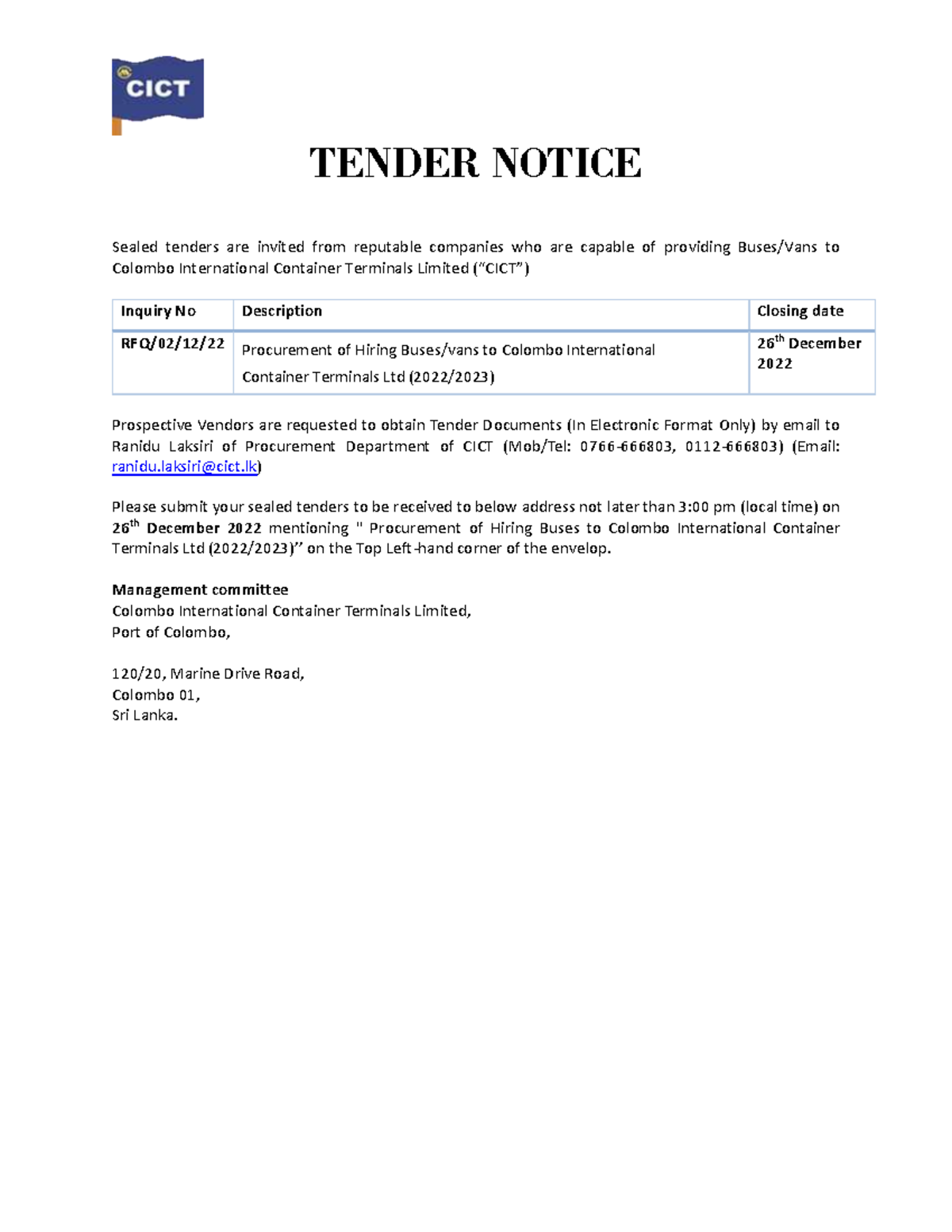 Tender Notice example - TENDER NOTICE Sealed tenders are invited from ...