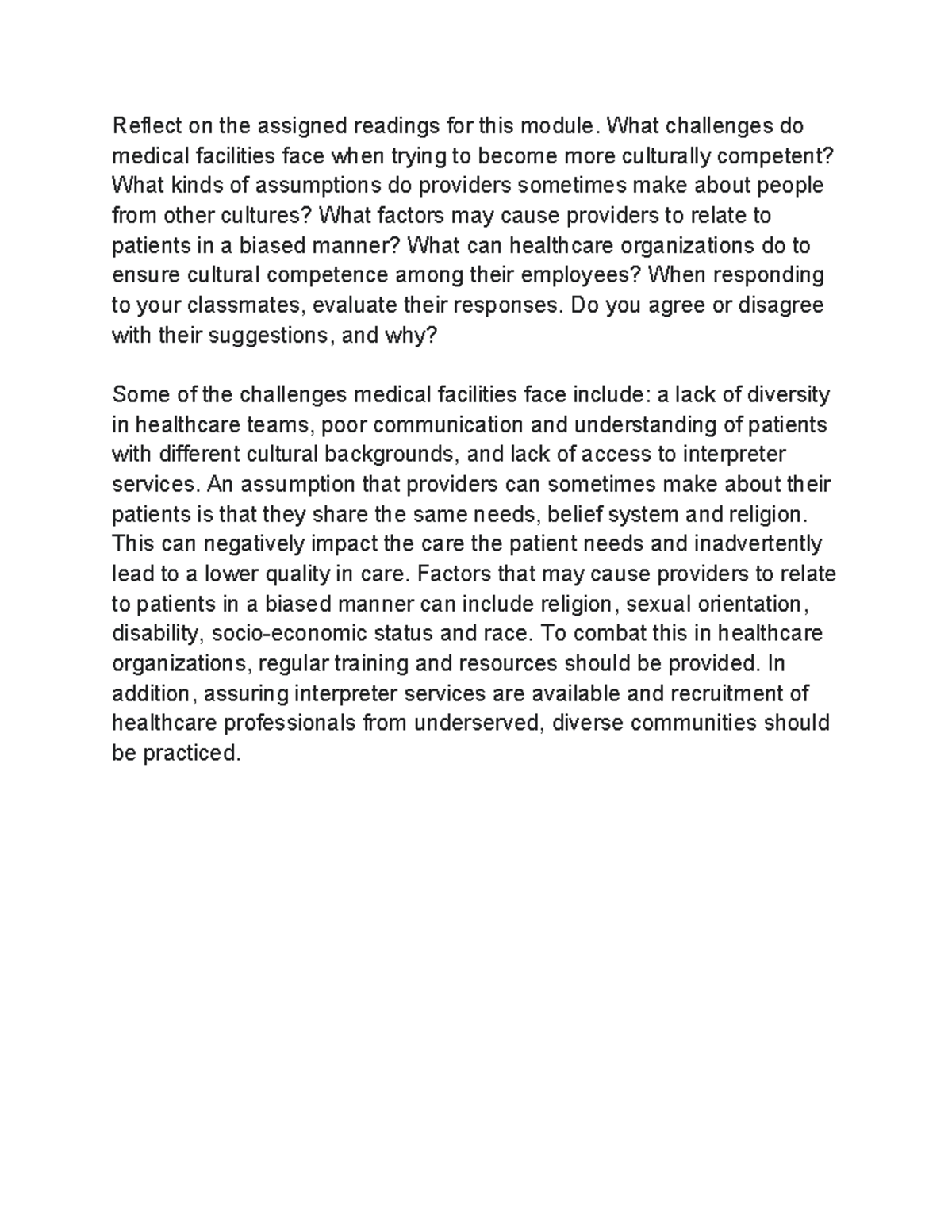 Cultural Competence in Healthcare - Reflect on the assigned readings ...