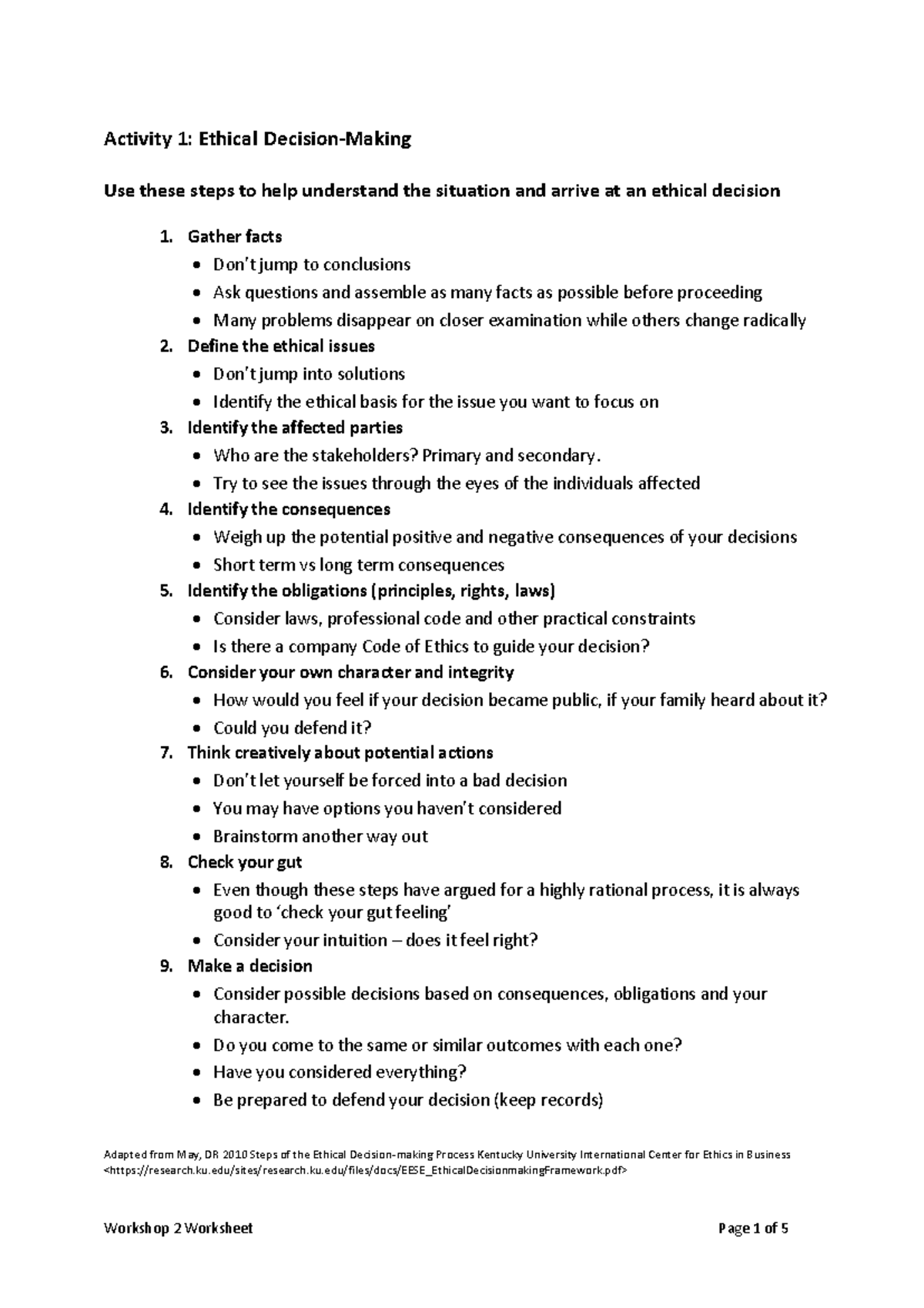 EPP2 Workshop 2 Worksheet - Activity 1: Ethical Decision-Making Use ...