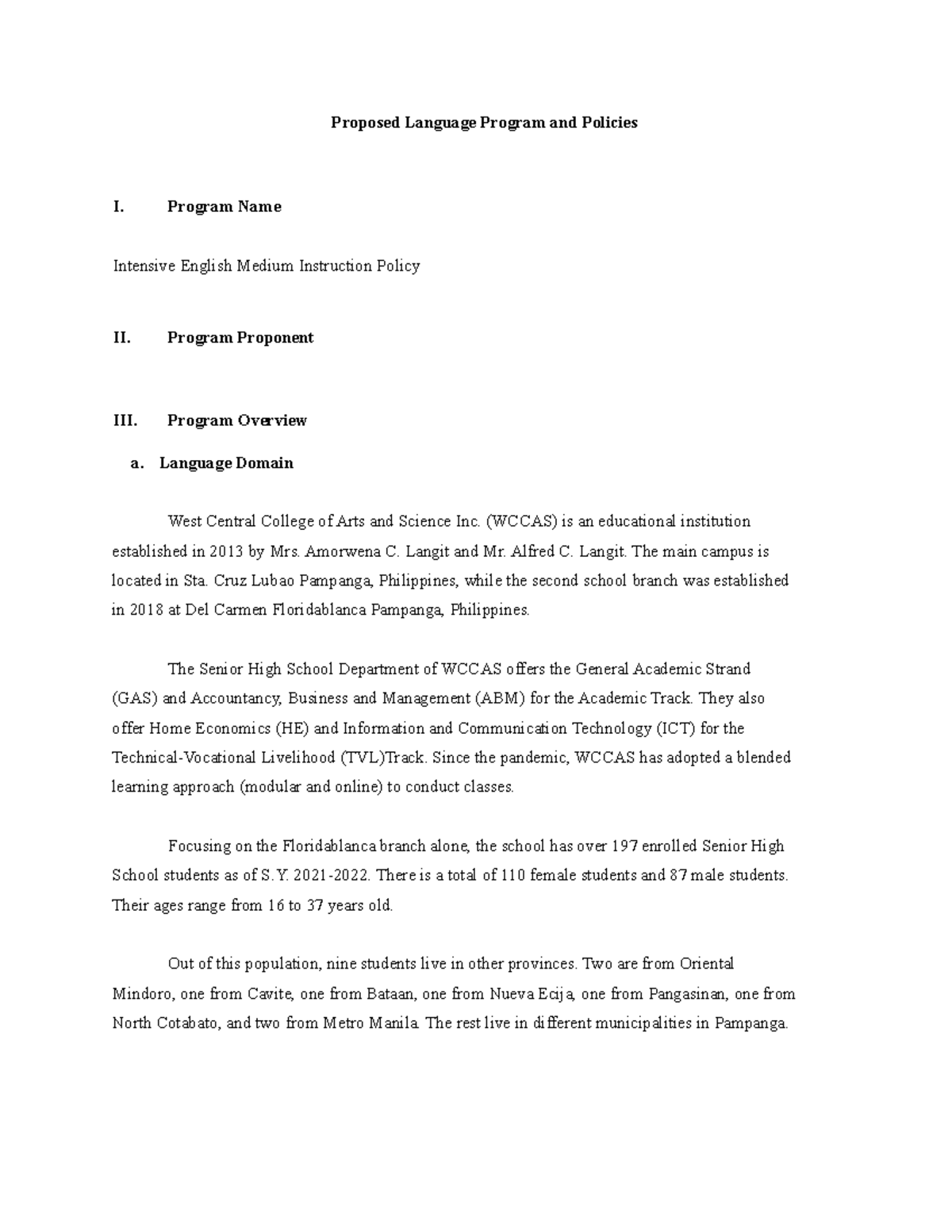 Proposed Language Program and Policy - Program Name Intensive English ...