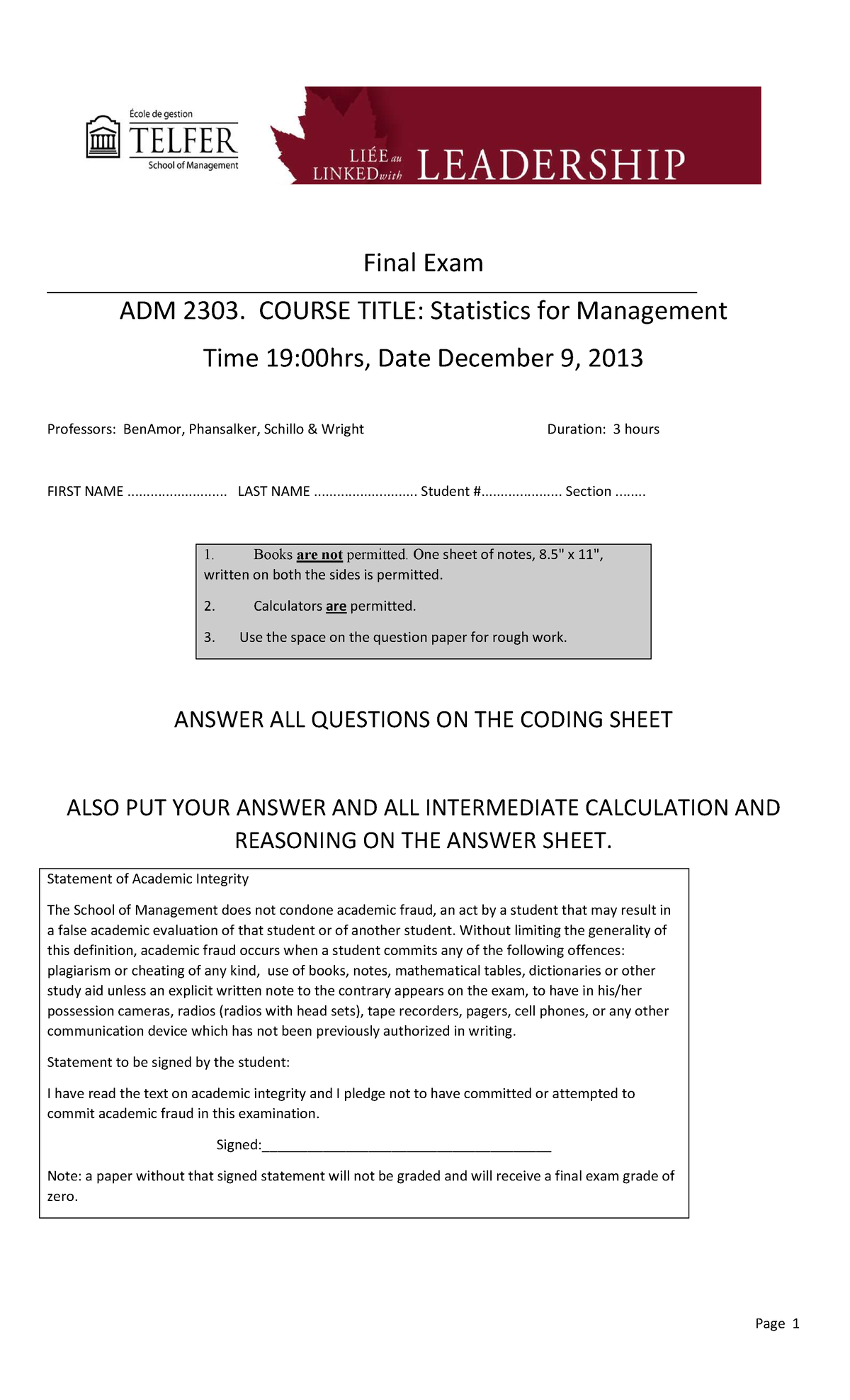 ADM 2303 2013 exam - Exam for ADM 2303, year 2013 - Final Exam ADM 2303 ...
