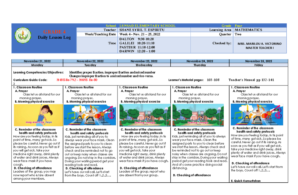 DLL in Math Nov - LESSON LOG - GRADE 4 Daily Lesson Log School LUNSAD ...