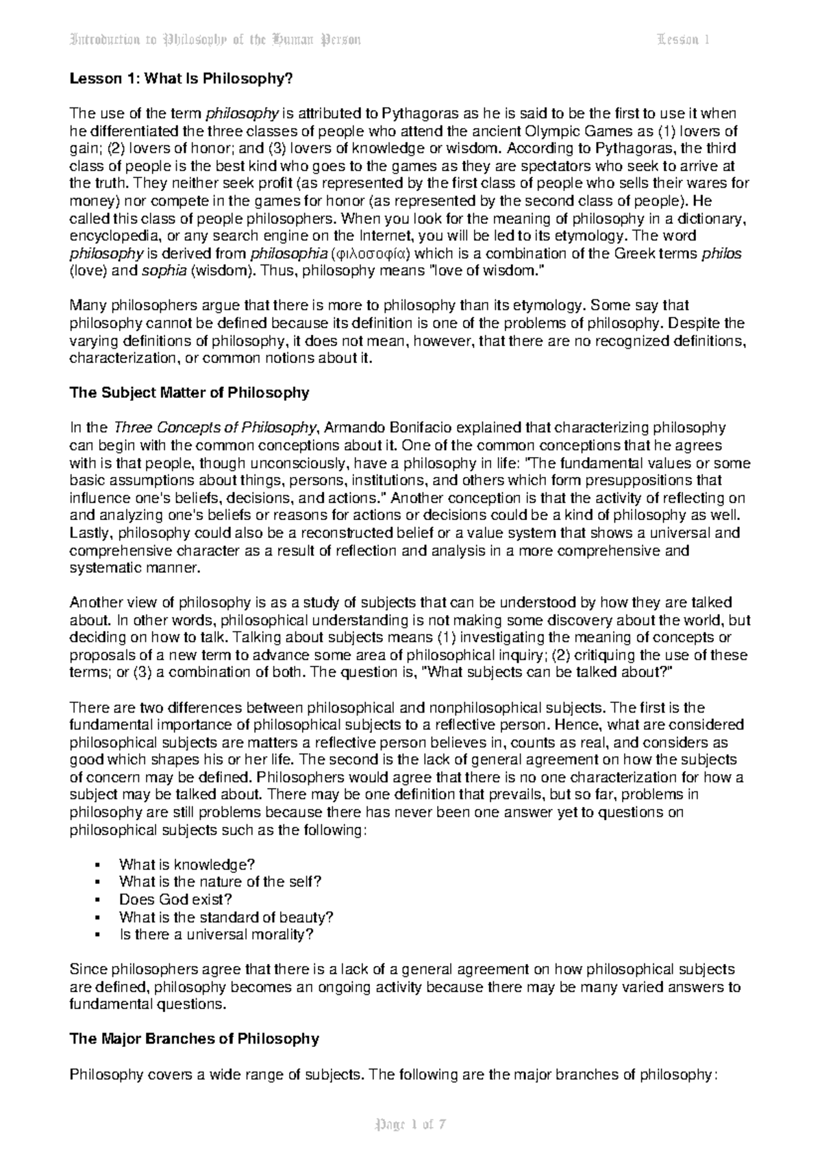 Lesson 1 What is Philosophy - Lesson 1: What Is Philosophy? The use of ...