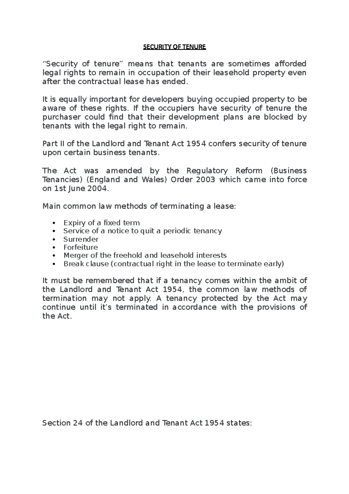 Security OF Tenure - 1920 RE - Studocu