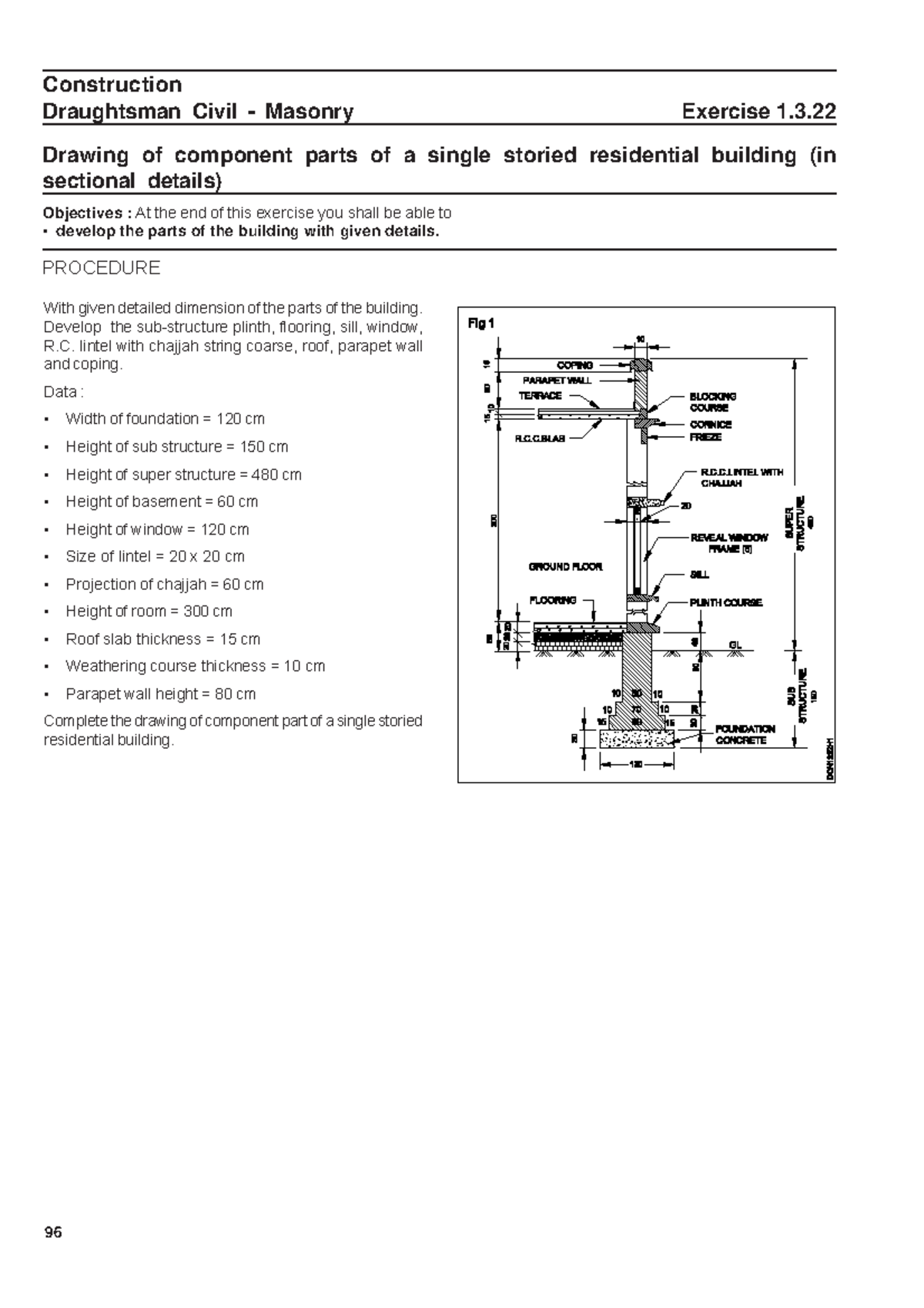 Masonry - Drawing of component parts of a single storied residential ...