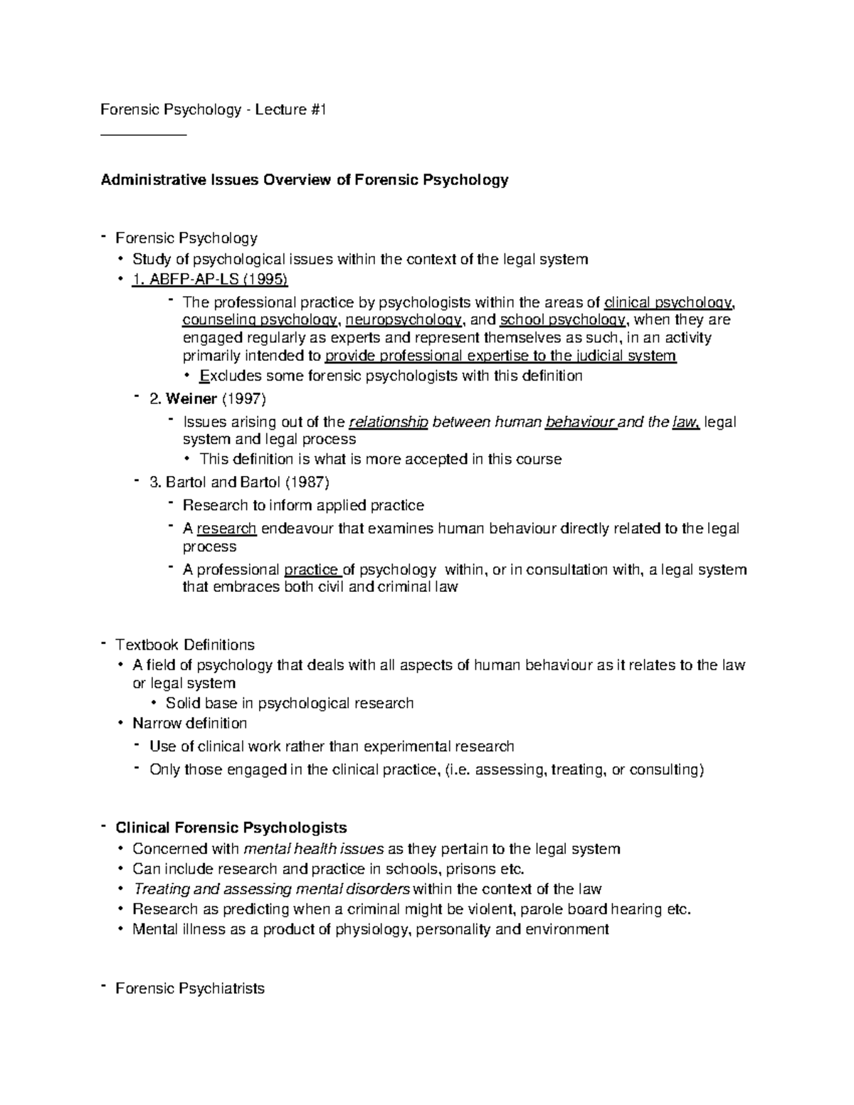 Forensic Psychology Lecture 1 - Forensic Psychology - Lecture ...