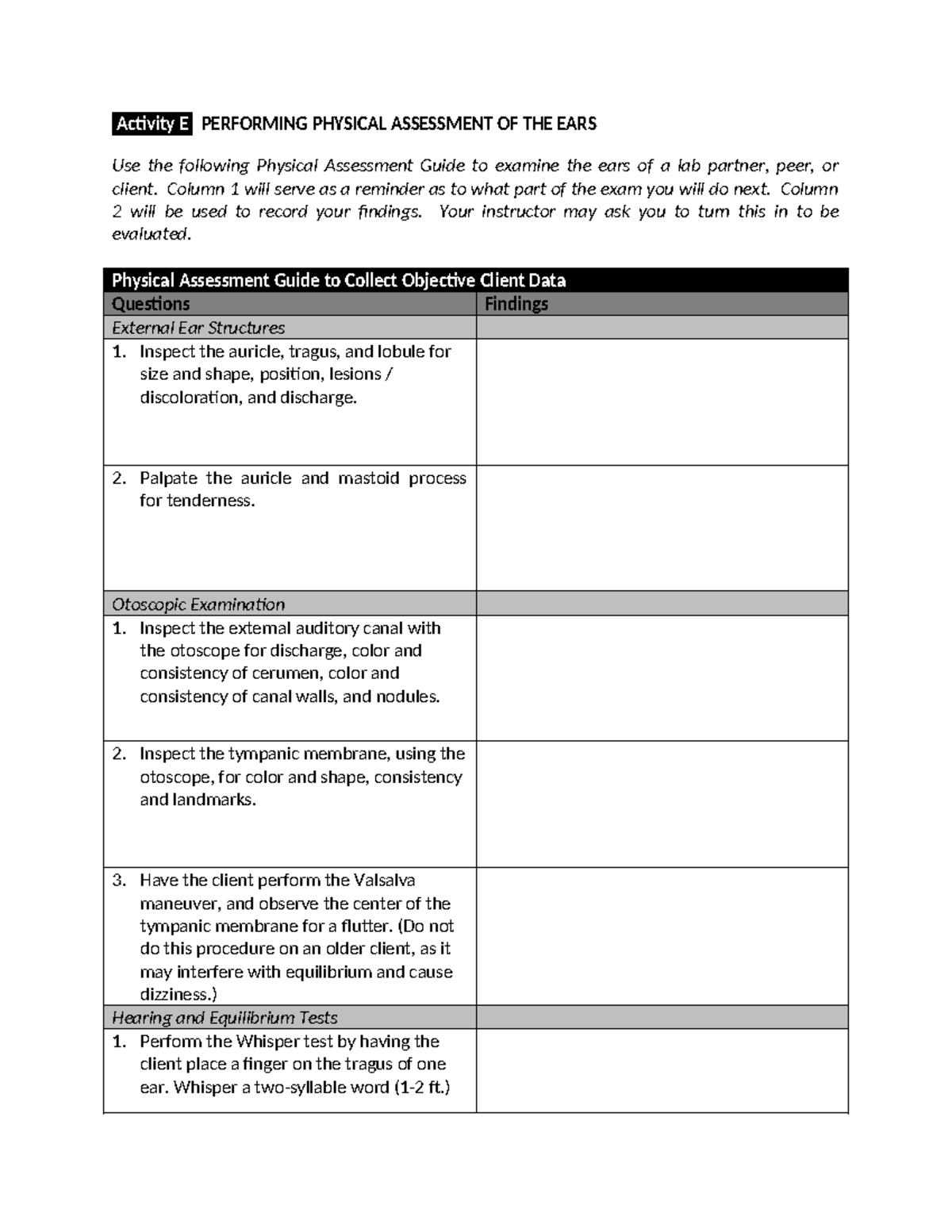 Physical Assessment Guide EARS - Activity E PERFORMING PHYSICAL ...