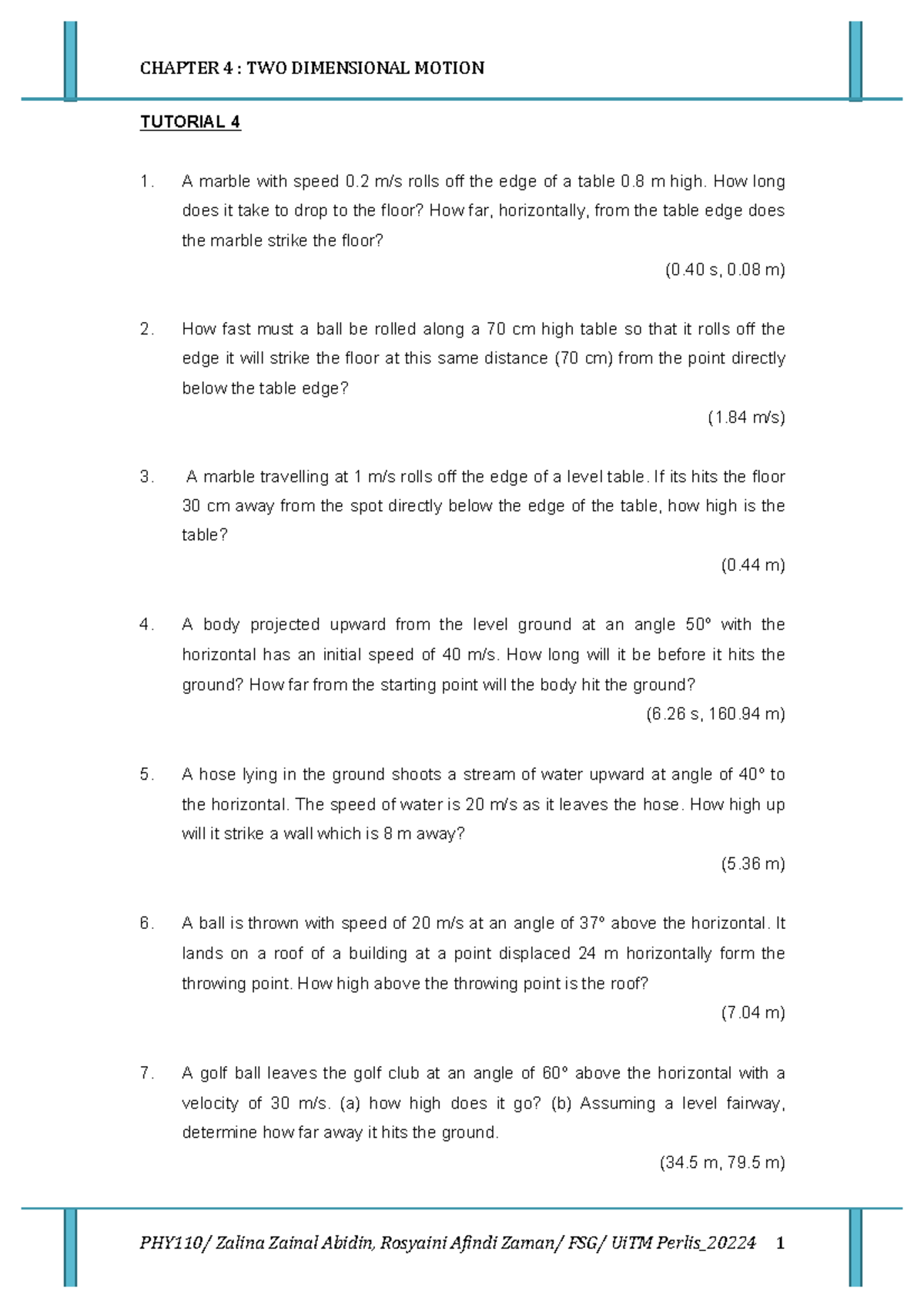 Tutorial 4 PHY110 (4.0 Two Dimensional Motion) (20224) - CHAPTER 4 : TWO DIMENSIONAL MOTION ...