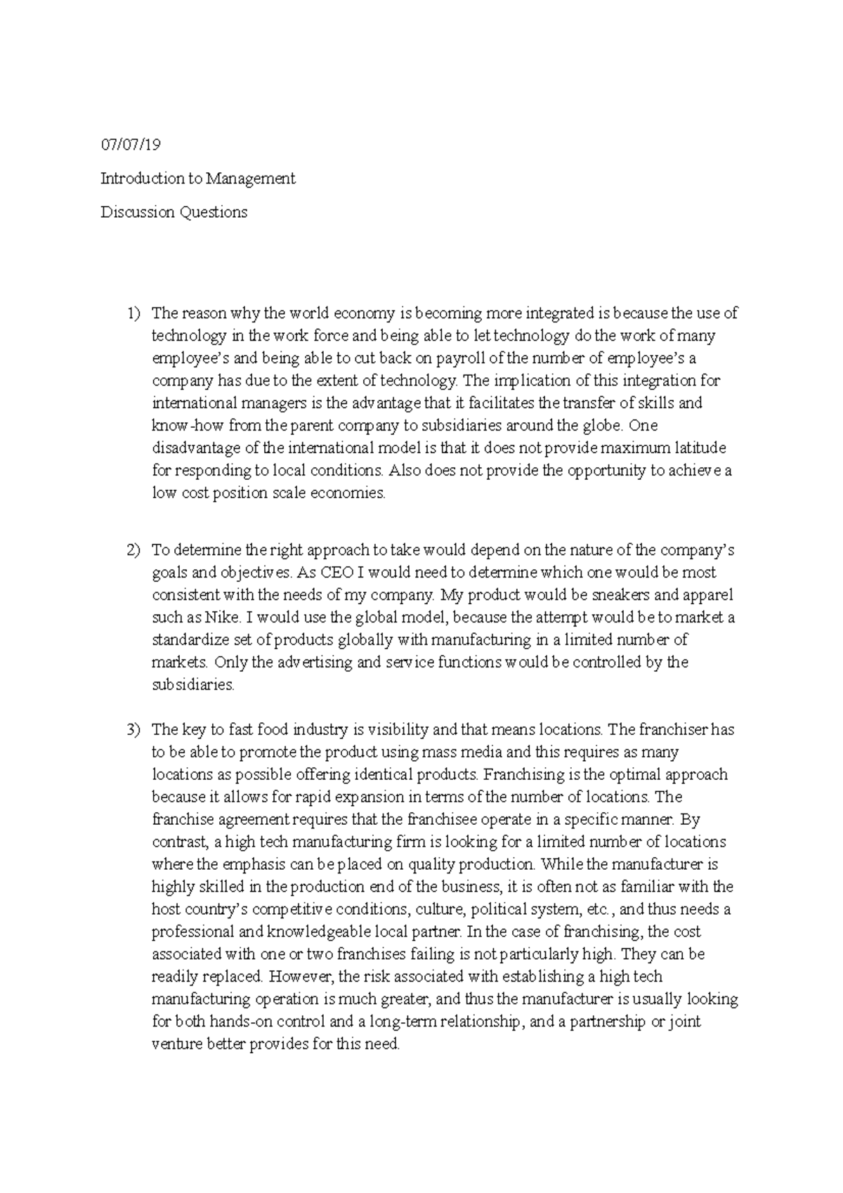 Intro to management Discussion question 5 - 07/07/ Introduction to ...