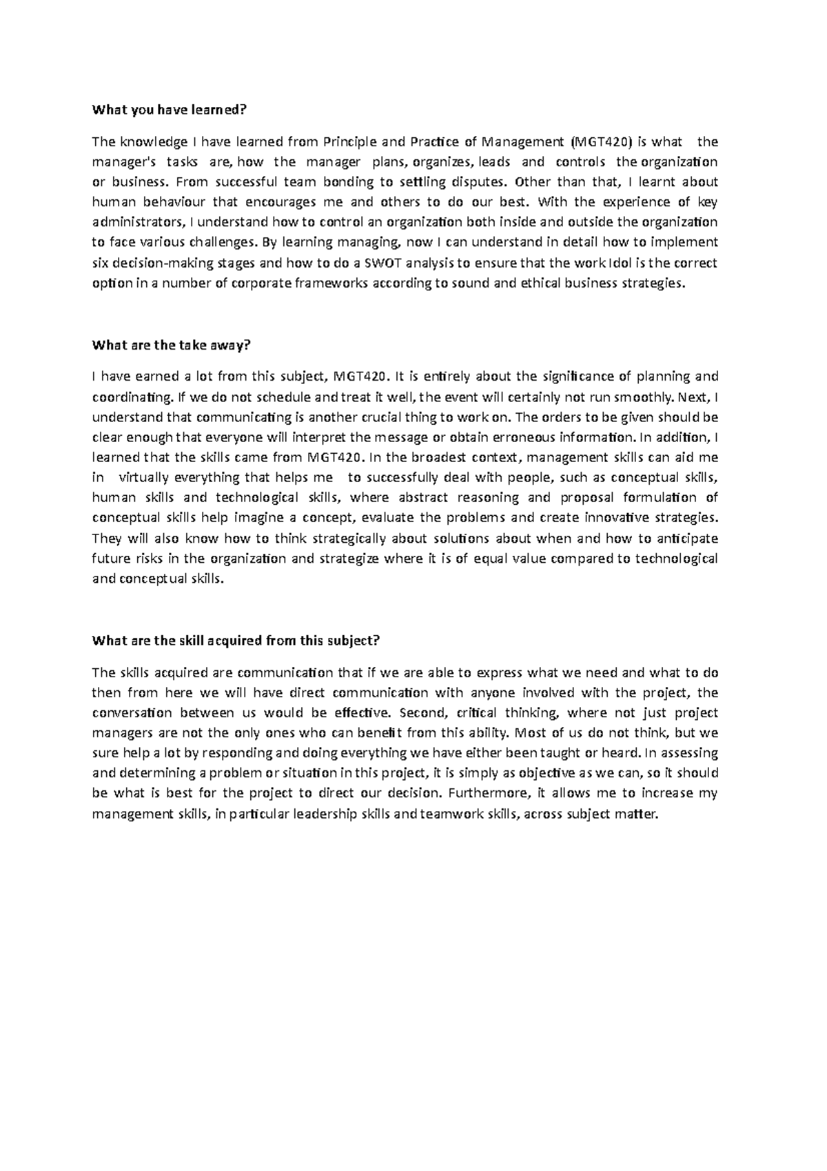 Option self-reflection individual assignment - What you have learned ...