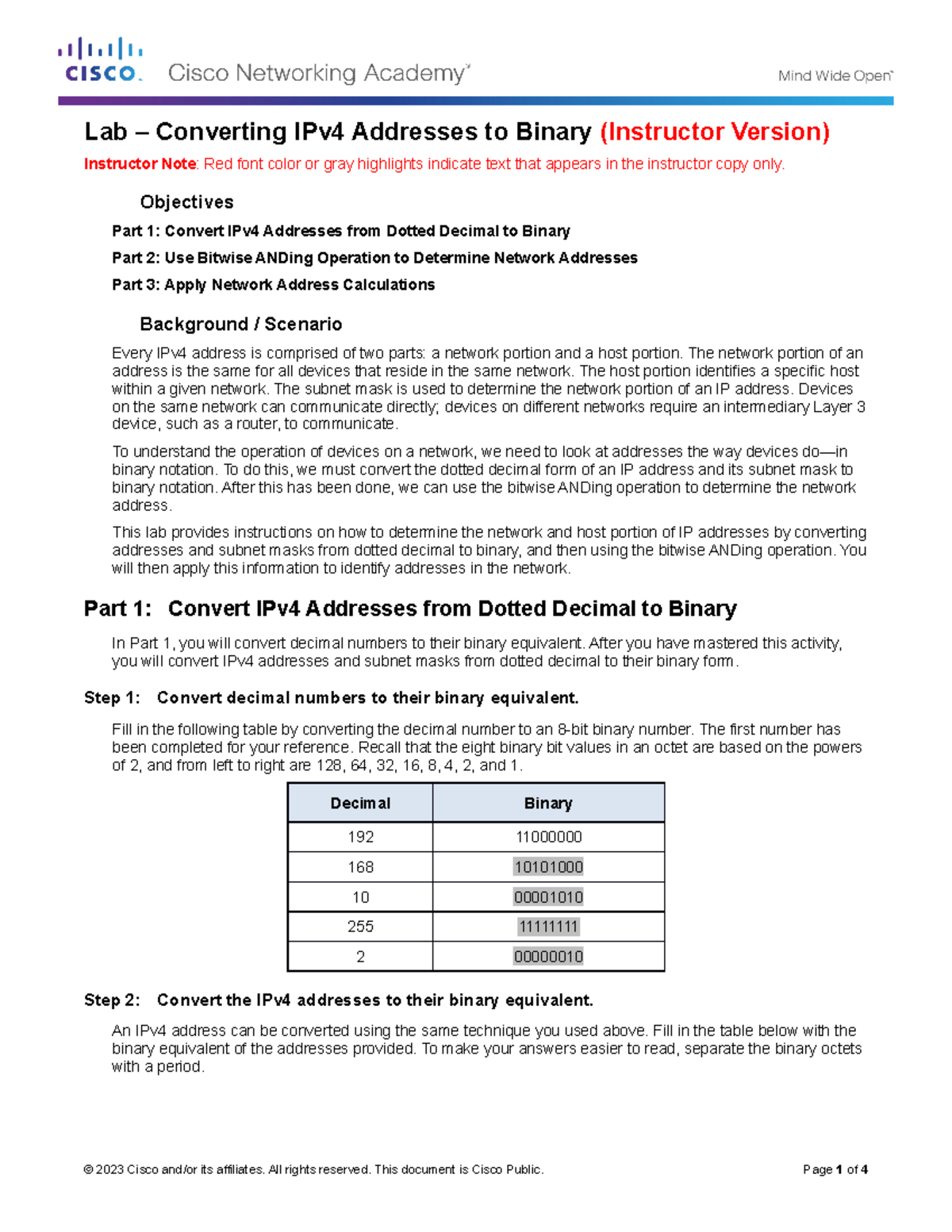 Week 3 Lab.1 – Converting IPv4 Addresses to Binary - ILM - Lab – Converting IPv4 Addresses to ...