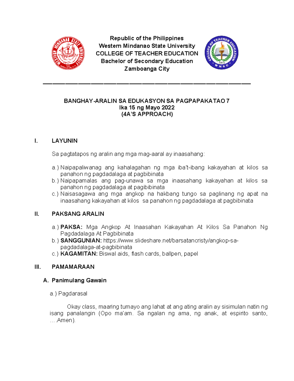 AYCO-4AS - detailed lesson plan 4as approach in ESP - Republic of the ...