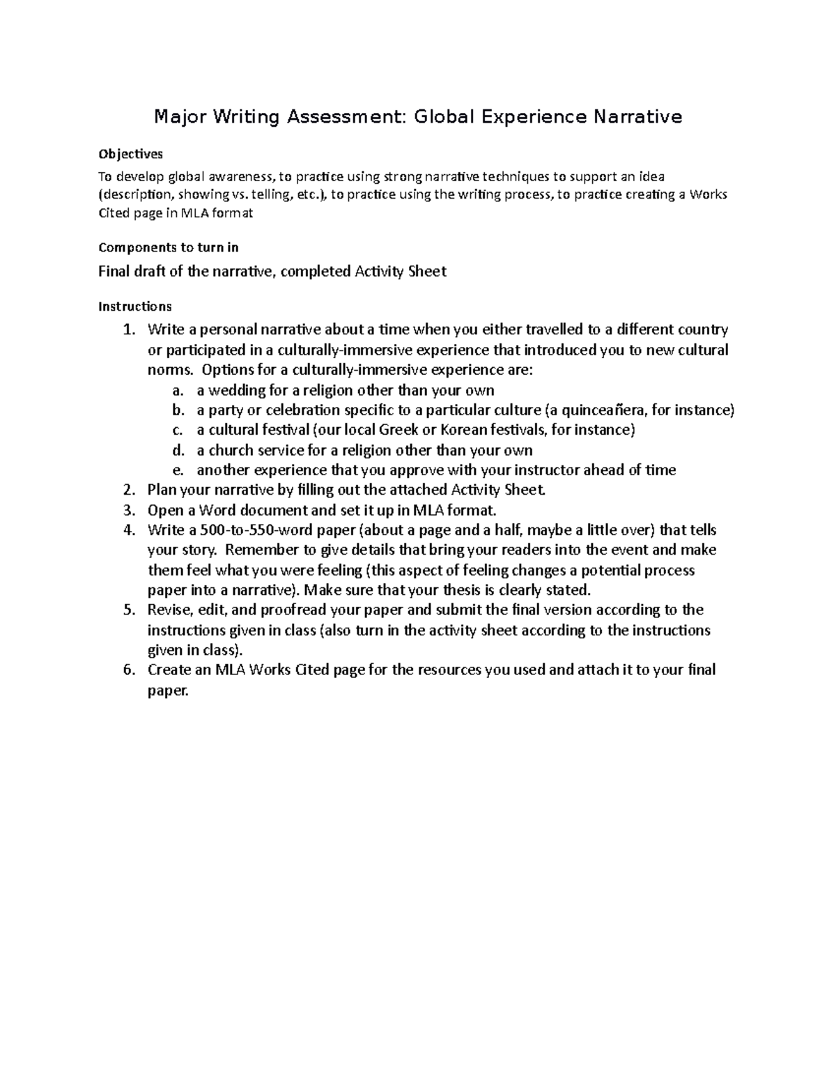 Major Narrative Assessment Global Experience Guidelines - Major Writing ...