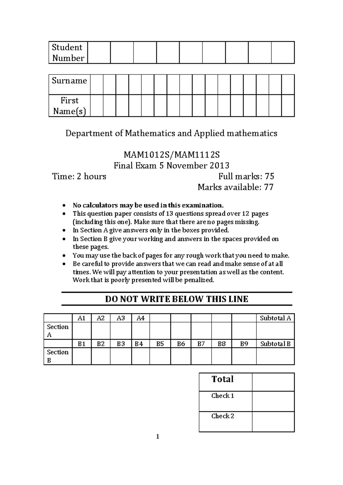 Exam 2013, answers - Student Number Surname First Name(s) Department of ...