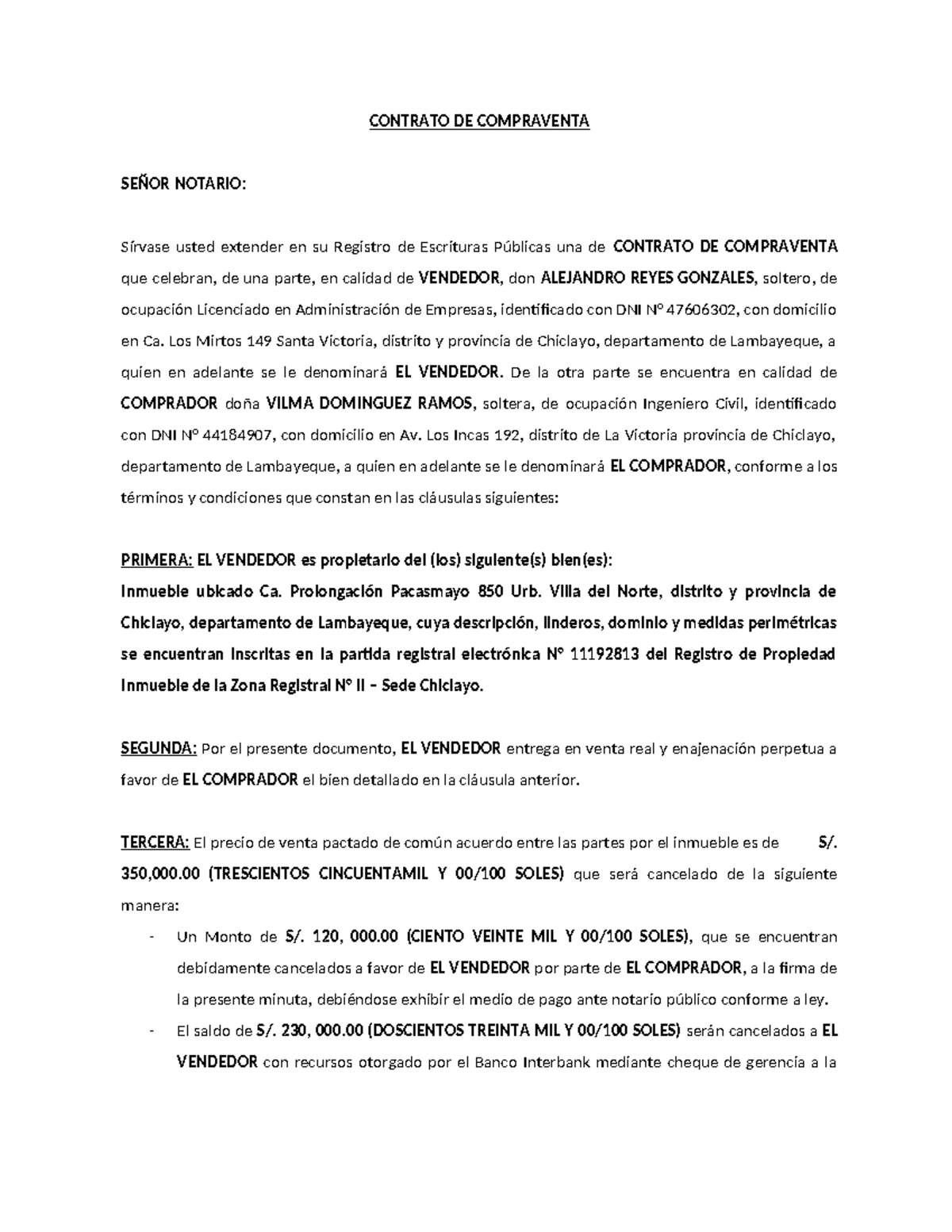 Contrato Compra Venta Contrato De Compraventa SeÑor Notario