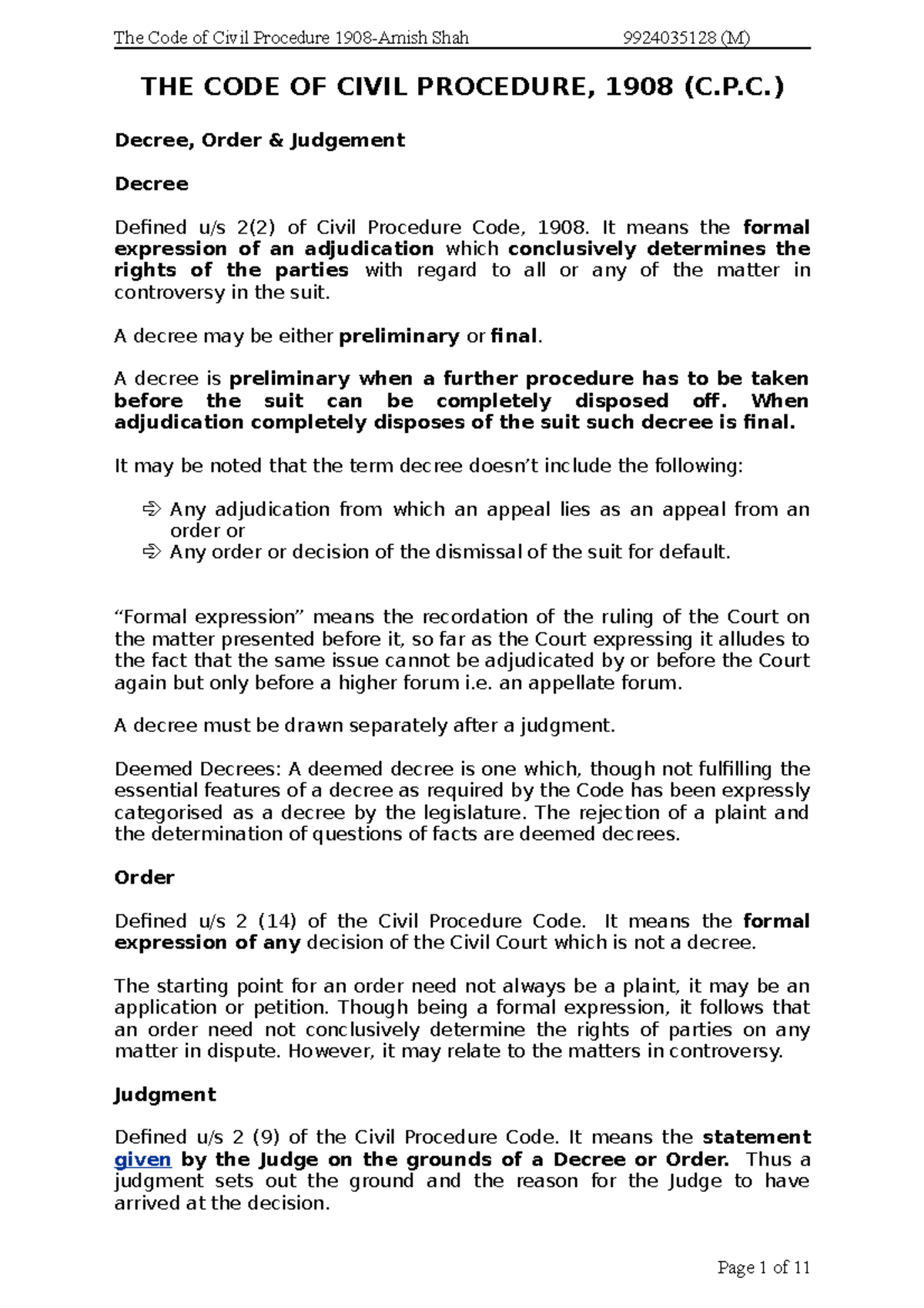 CPC Notes-Amish Shah - Document - THE CODE OF CIVIL PROCEDURE, 1908 (C ...