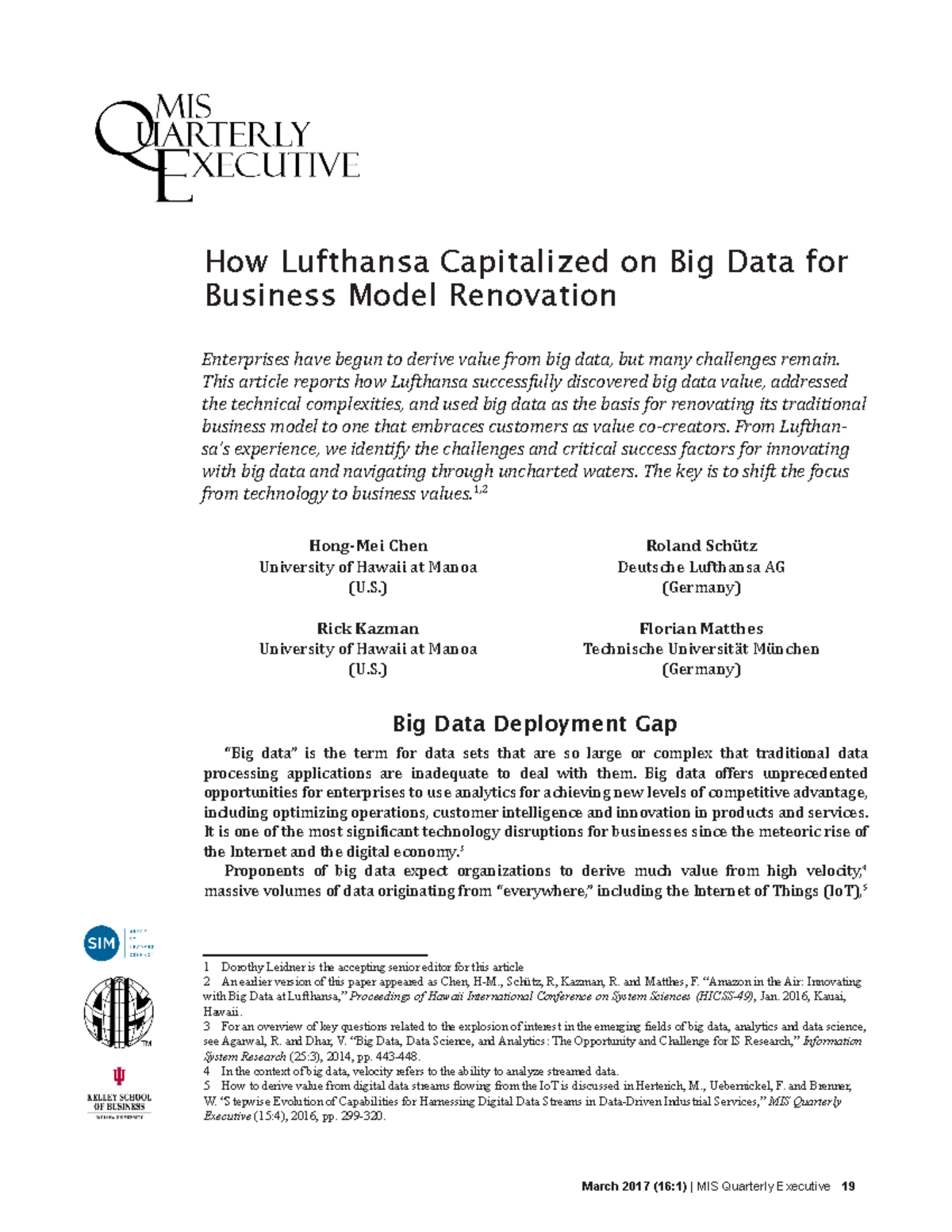 Lufthansa-1 - Case Studies - March 2017 (16:1) | MIS Quarterly Executive 19 Big Data Deployment ...