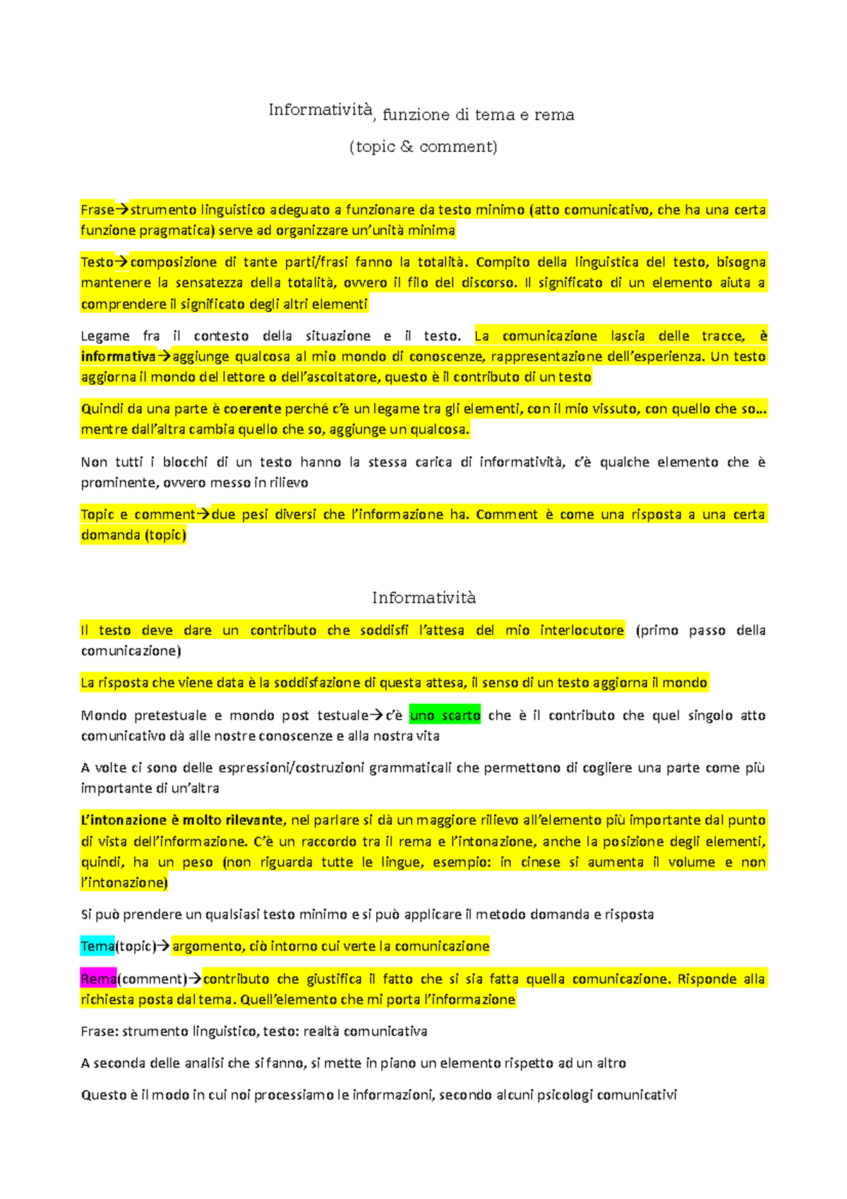 Lezione 14, TEMA e REMA - appunti - Informatività , funzione di tema e ...