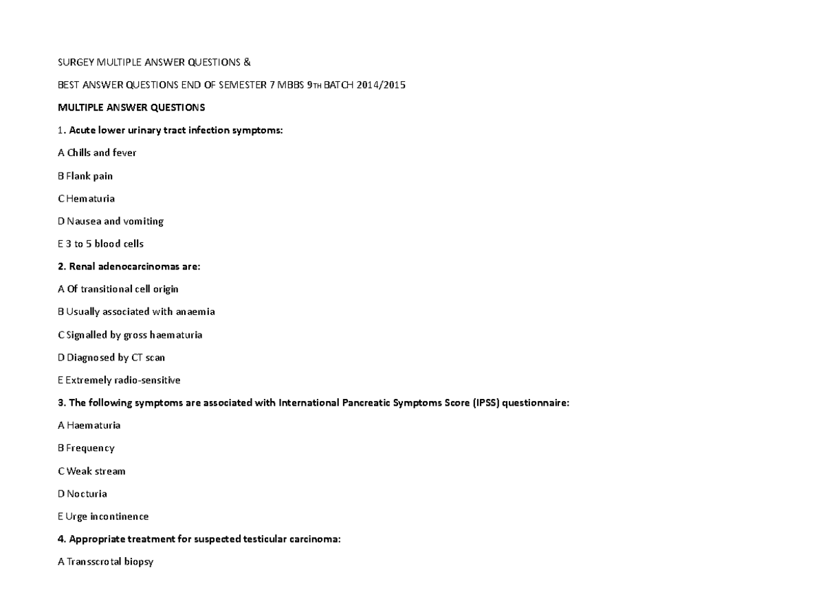 Surgey Multiple Answer Questions - SURGEY MULTIPLE ANSWER QUESTIONS ...