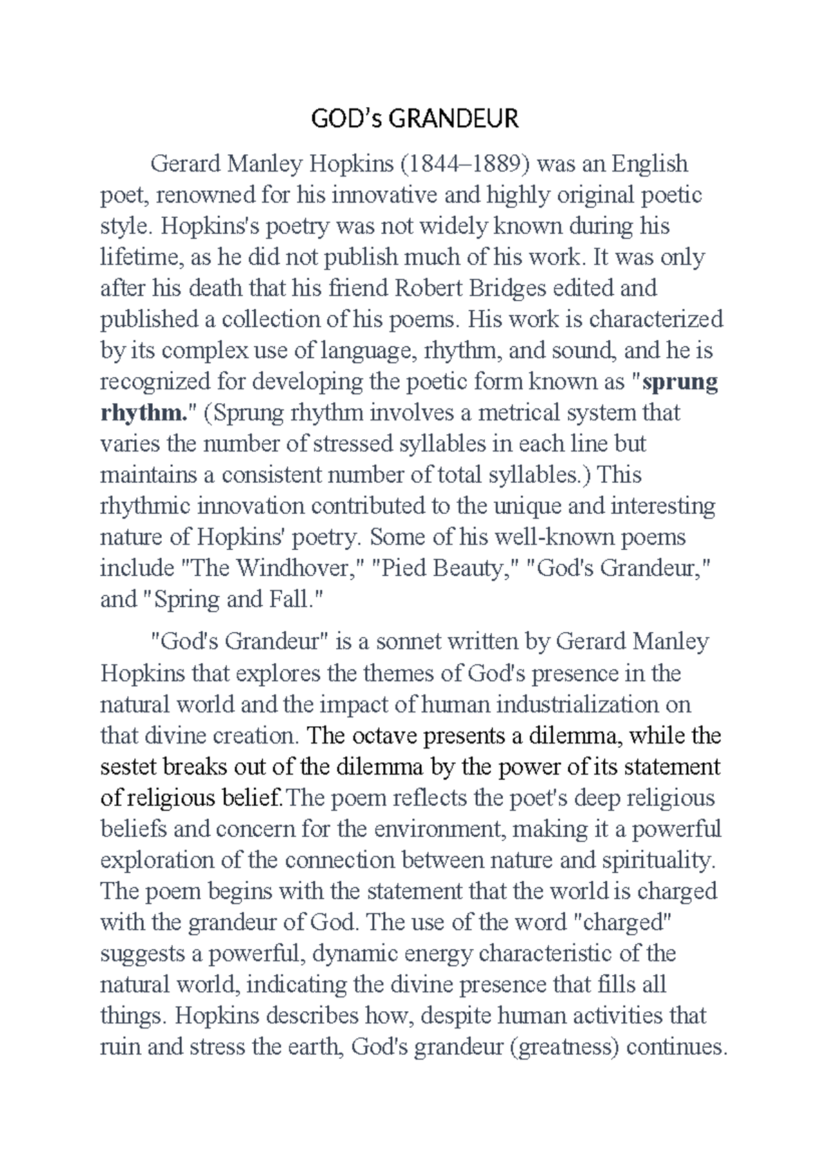 God's Grandeur analysis - GOD’s GRANDEUR Gerard Manley Hopkins (1844 ...