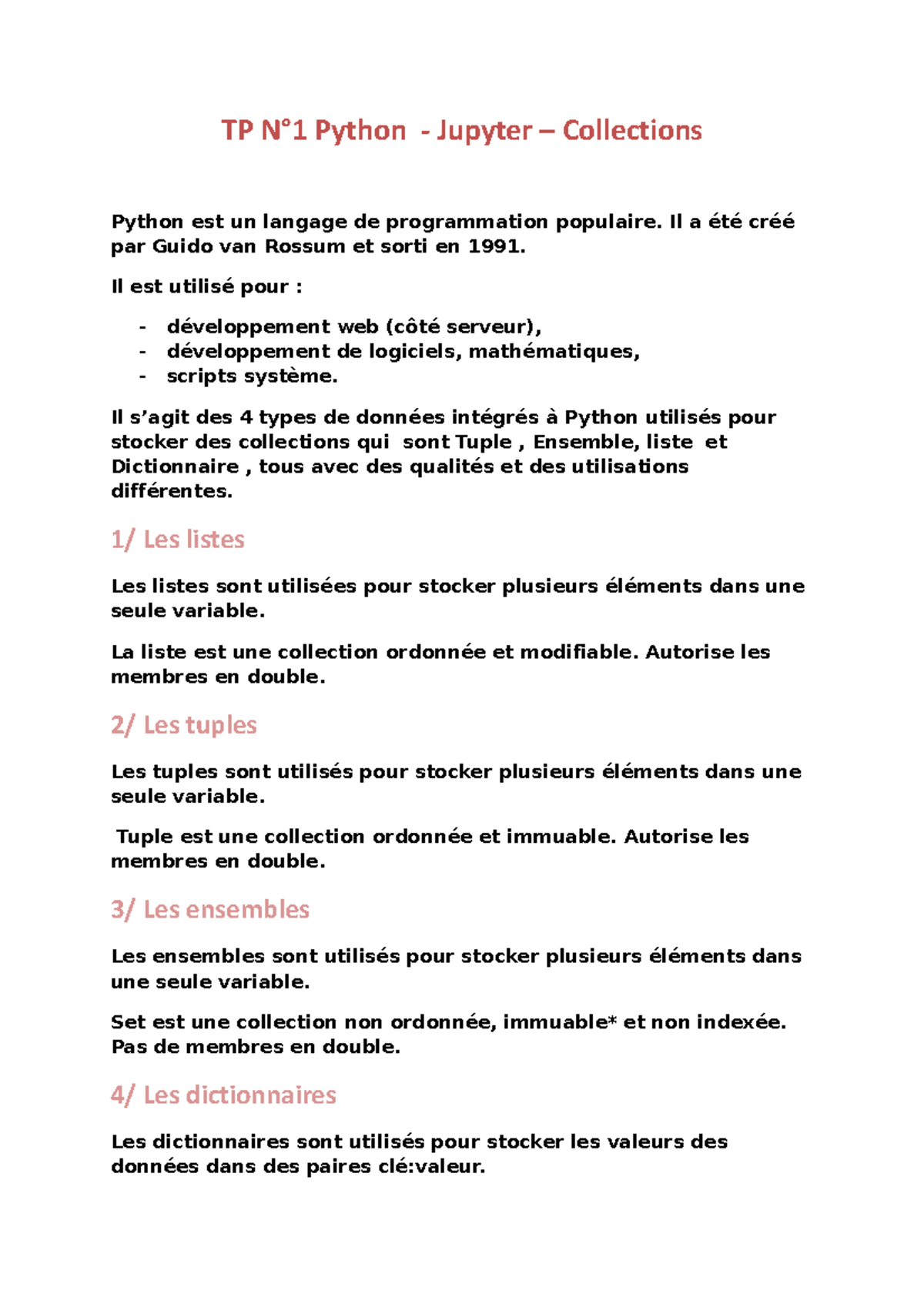 TP N 1 - TP N°1 Python - Jupyter – Collections Python est un langage de programmation populaire ...