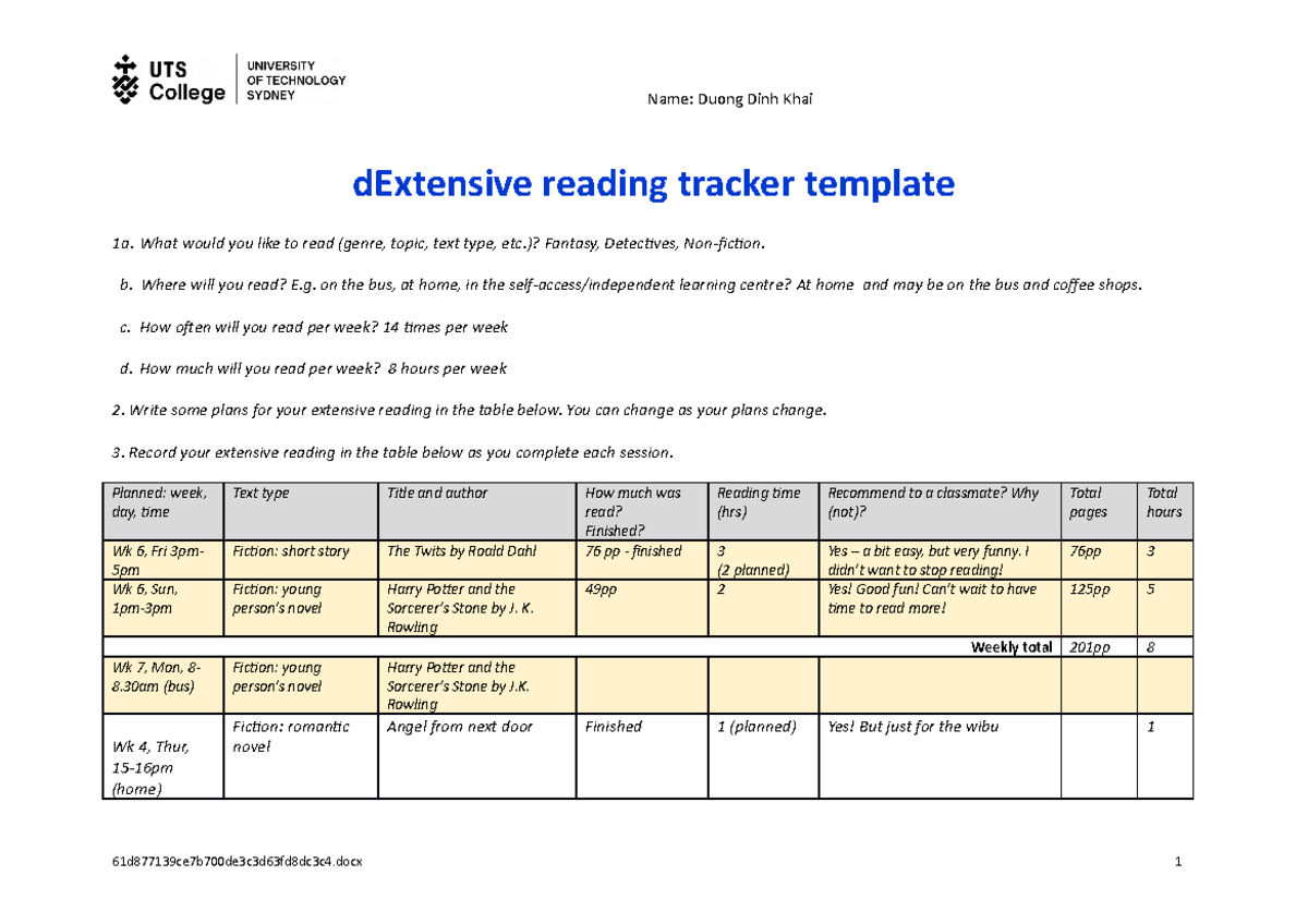 Extensive reading tracker template - Name: Duong Dinh Khai dExtensive ...