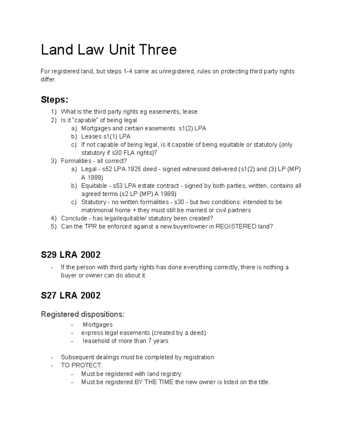 Land Law Unit Three - Land Law Unit 3 - Land Law Unit Three For ...