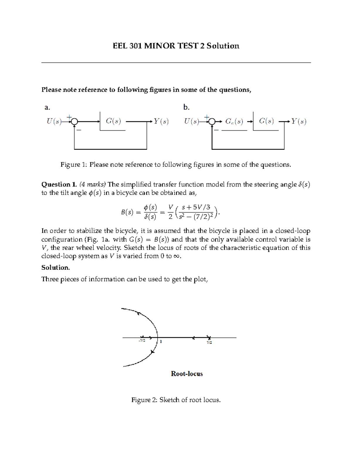 Minor Test 2 Solution Control Engineering I Eel 301 Minor Test 2 Solution Please Note