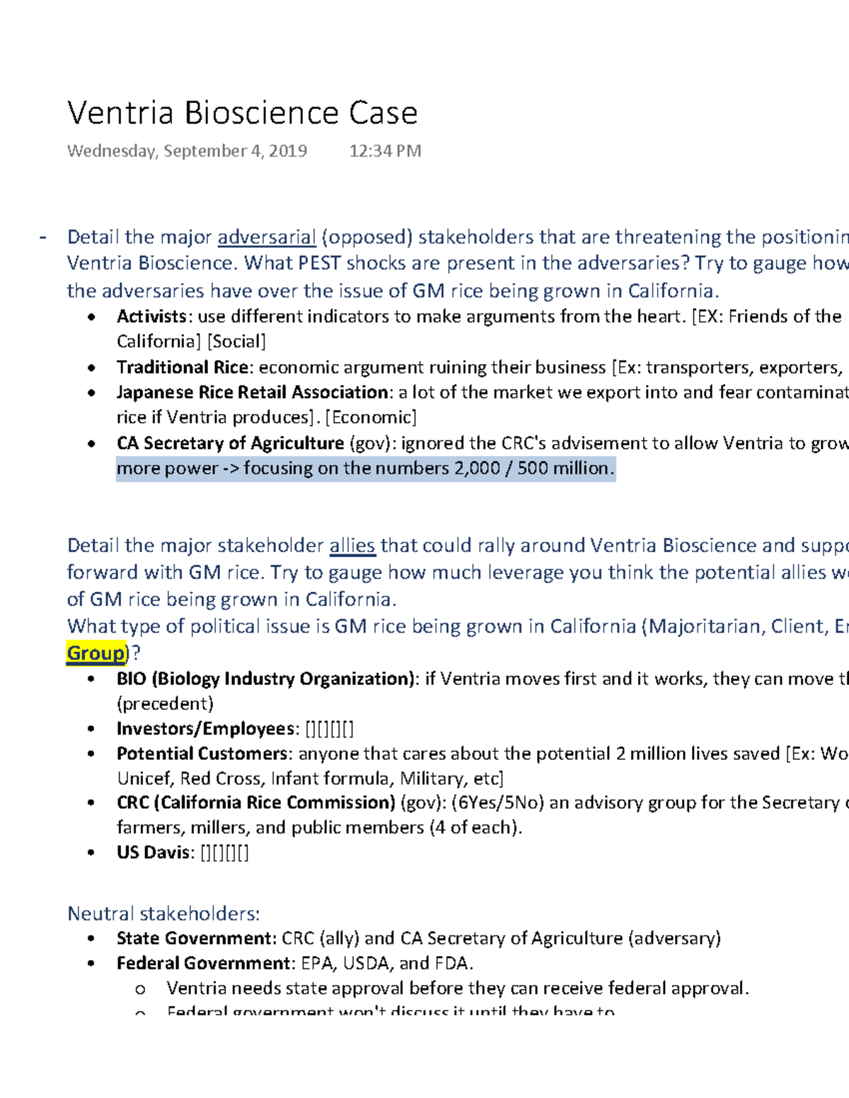 Ventria Bioscience Case - Warning: TT: undefined function: 32 Detail the major adversarial ...