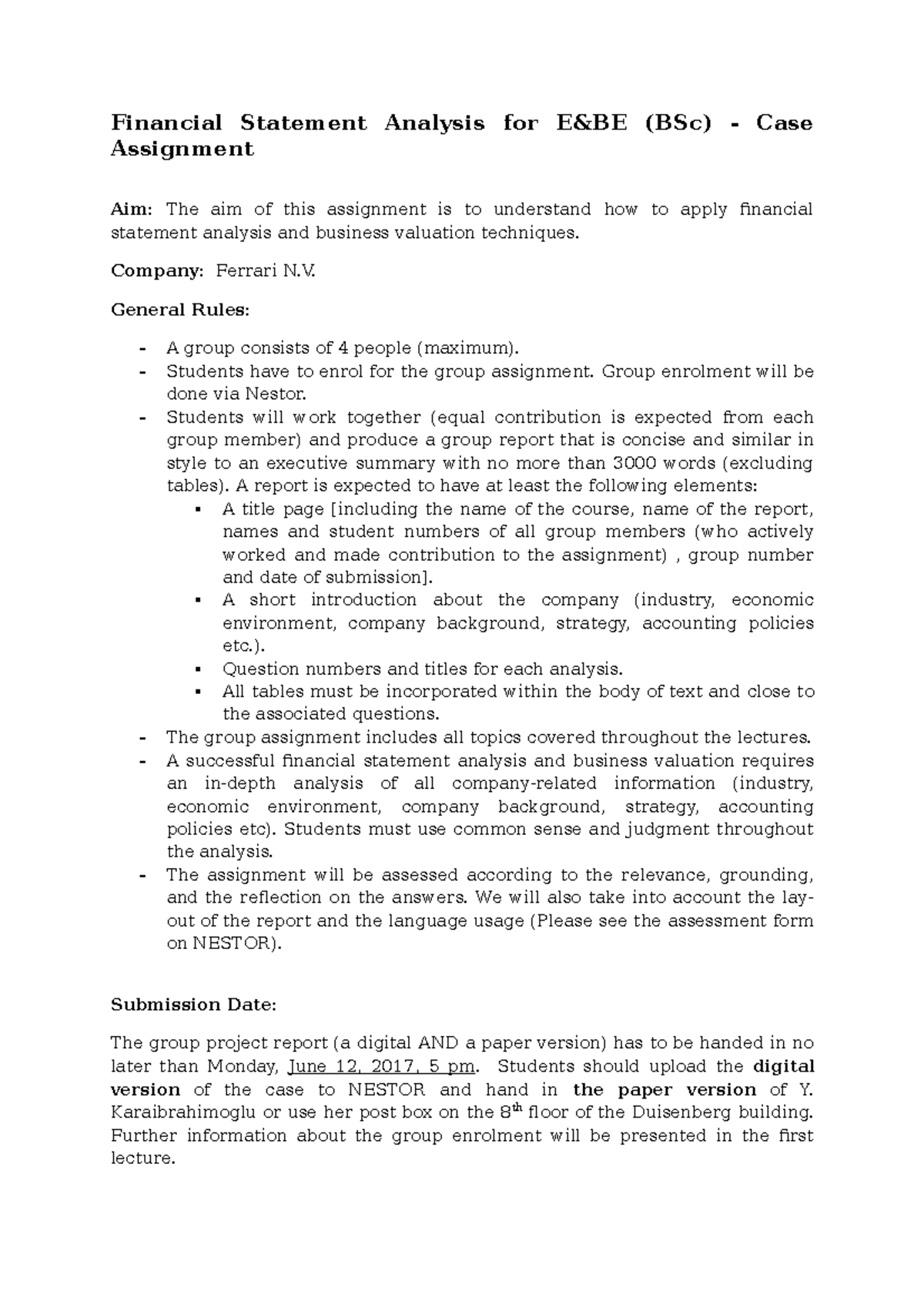 FSA Case Assignment 2016 2017 2b - Financial Statement Analysis for E ...