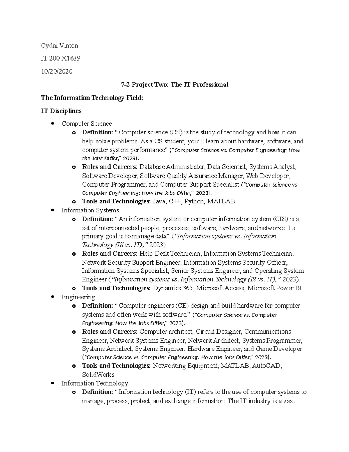 7-2 Project - Two The IT Professional - Cydni Vinton IT-200-X 10/20/ 7 ...