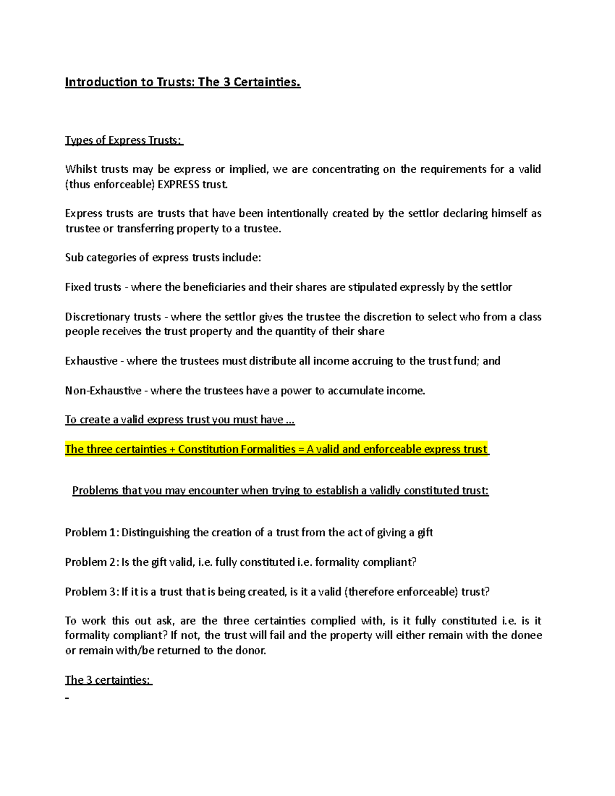 3 cert lecture - 3 certainties - Introduction to Trusts: The 3 Certainties. Types of Express ...