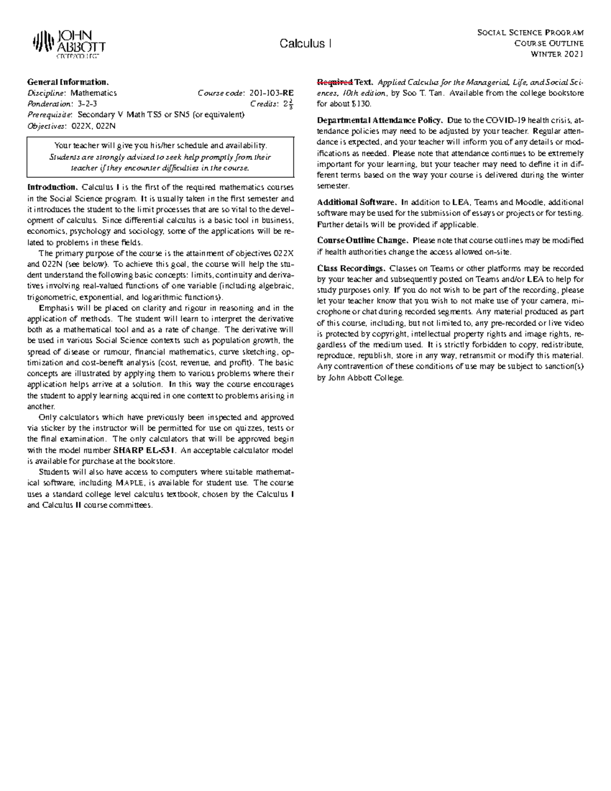 103Outline W 21 - calculus 1 - Calculus I SOCIALSCIENCEPROGRAM ...