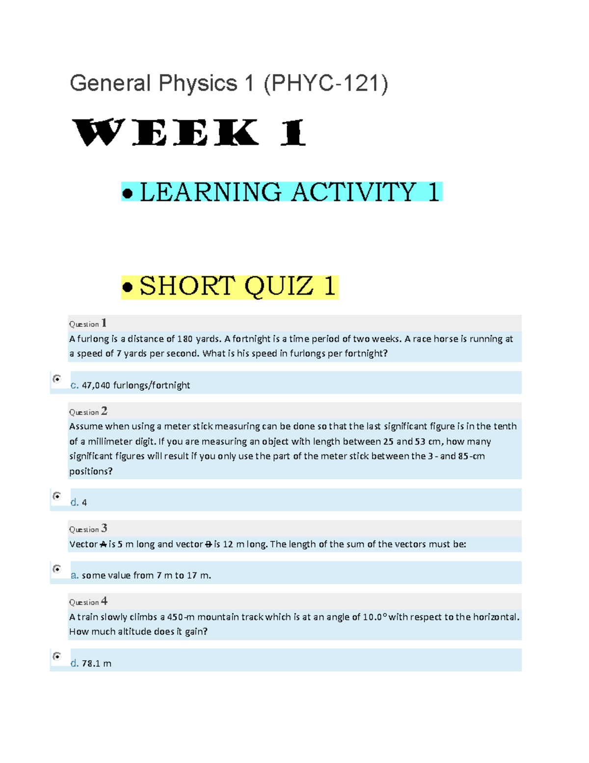 Phyc-121 - phyc - General Physics 1 (PHYC-121) WEEK 1 LEARNING ACTIVITY ...