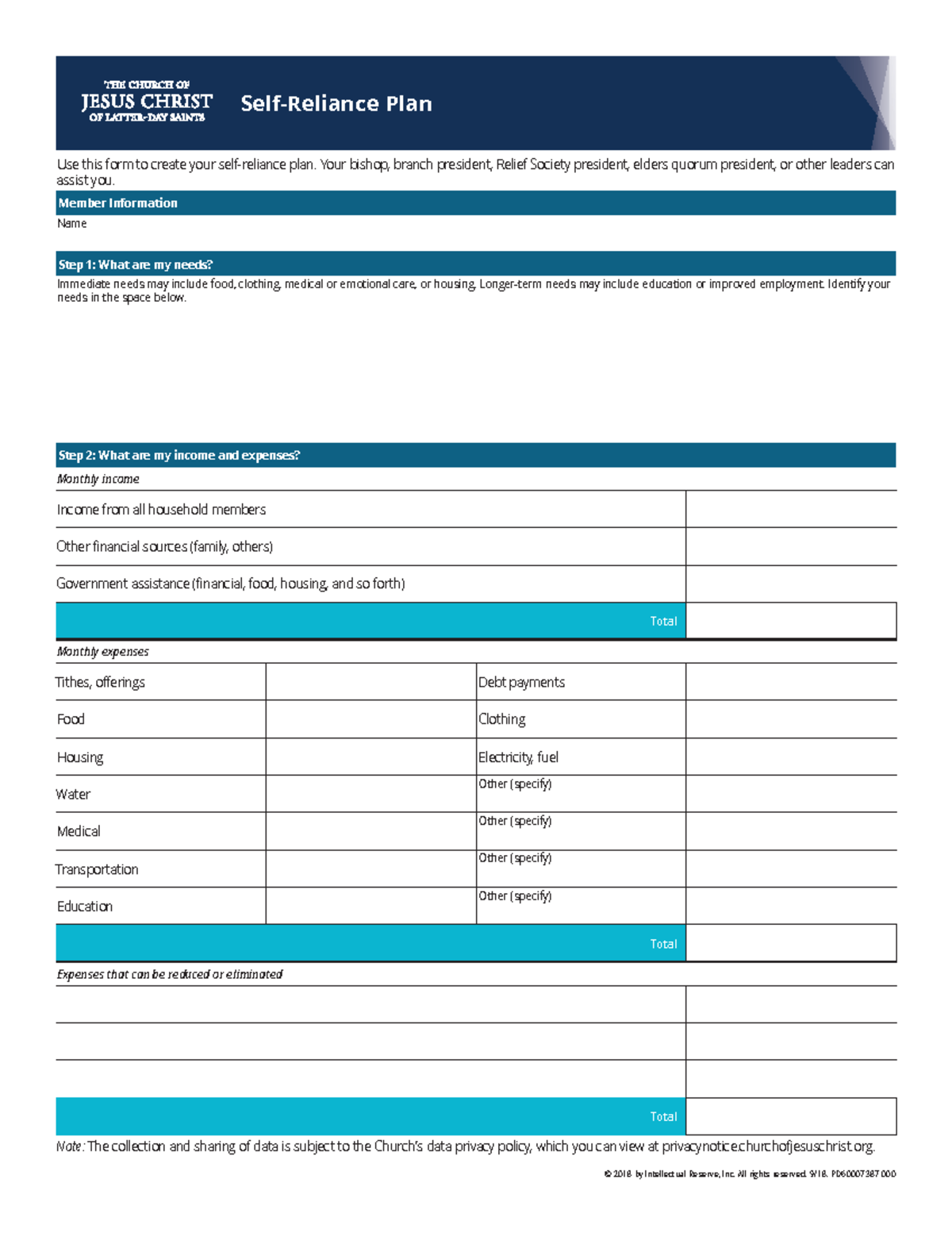 PD60007387 000 Self Reliance Plan Member Print - Use this form to ...