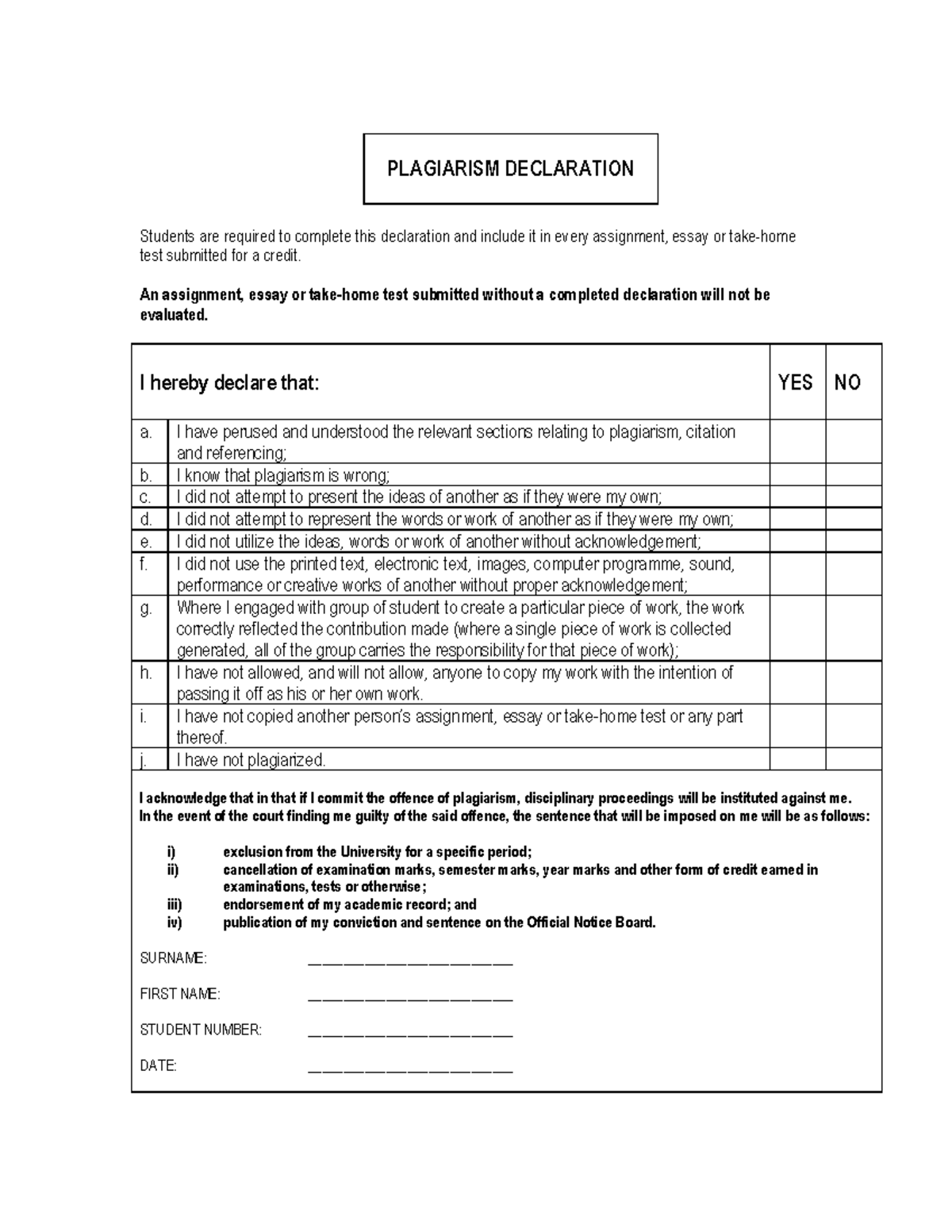 Plagiarism Declaration over page - PLAGIARISM DECLARATION Students are ...